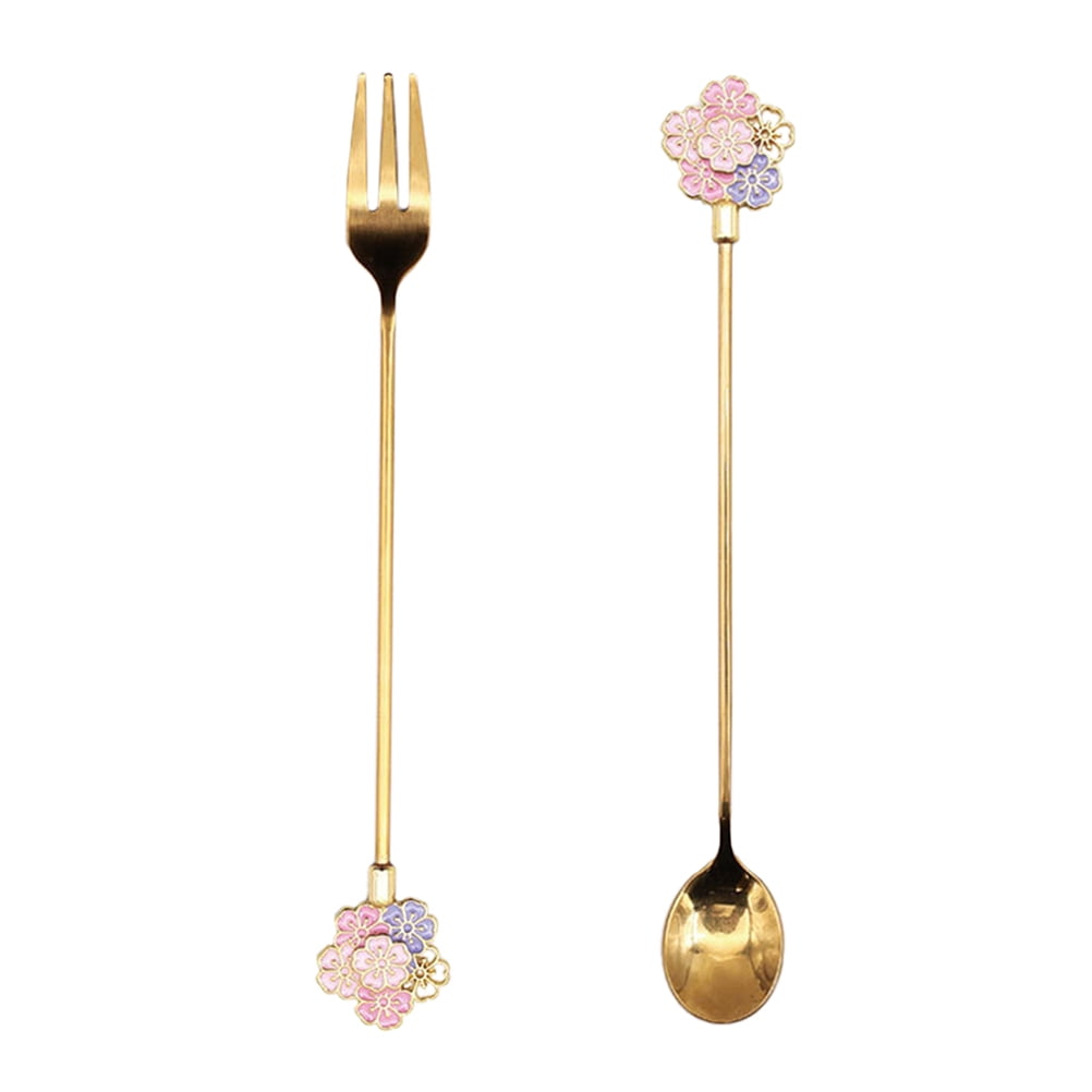 Dessert Spoon Fork Set Metal Coffee Spoon Cake Fruit Fork Blossoms ...