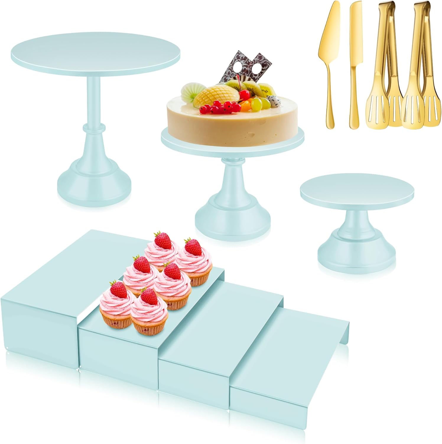 Dessert Table Display Set, Blue Metal Round Cake Pedestal Stands ...