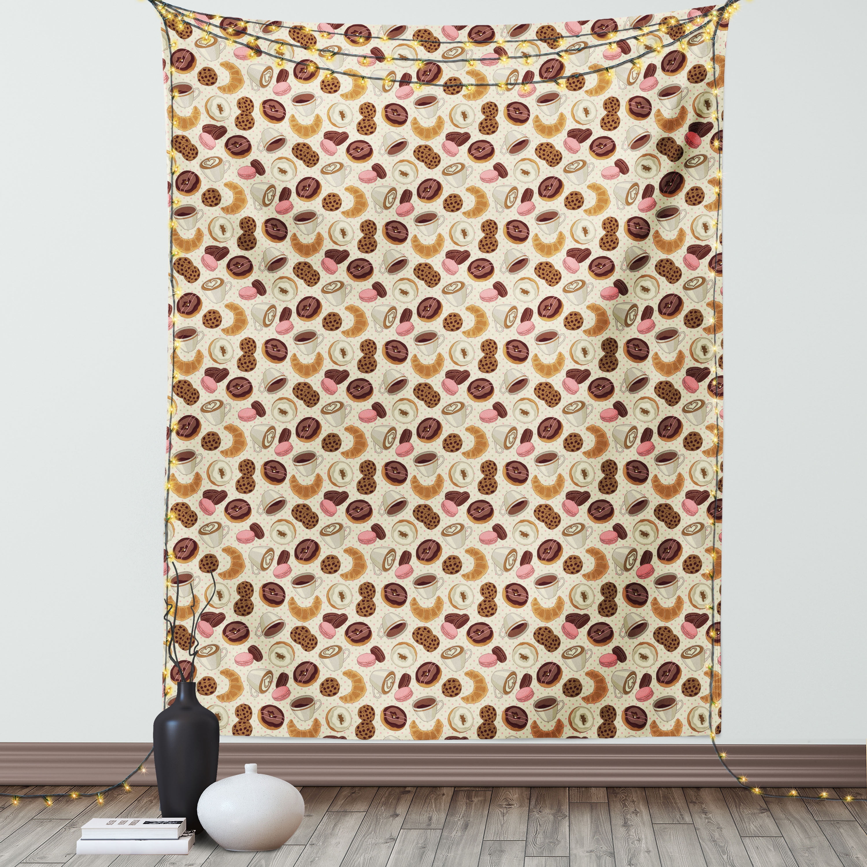 Dessert Tapestry, Patisserie Theme Pattern Chocolate Coated Donut Cookie Latte Croissant, Wall ...