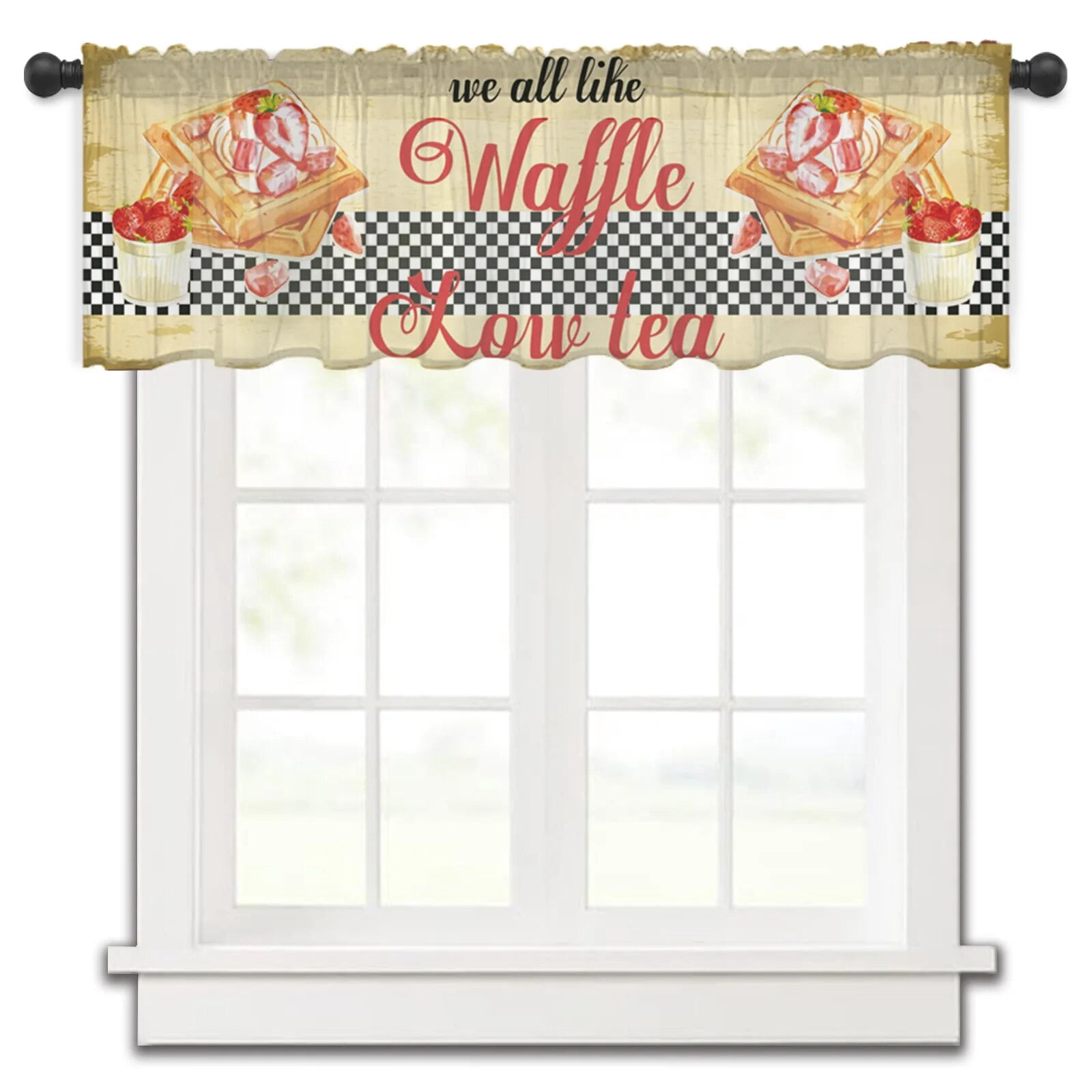 Dessert Waffle Strawberry Kitchen Small Window Curtain Tulle Sheer ...