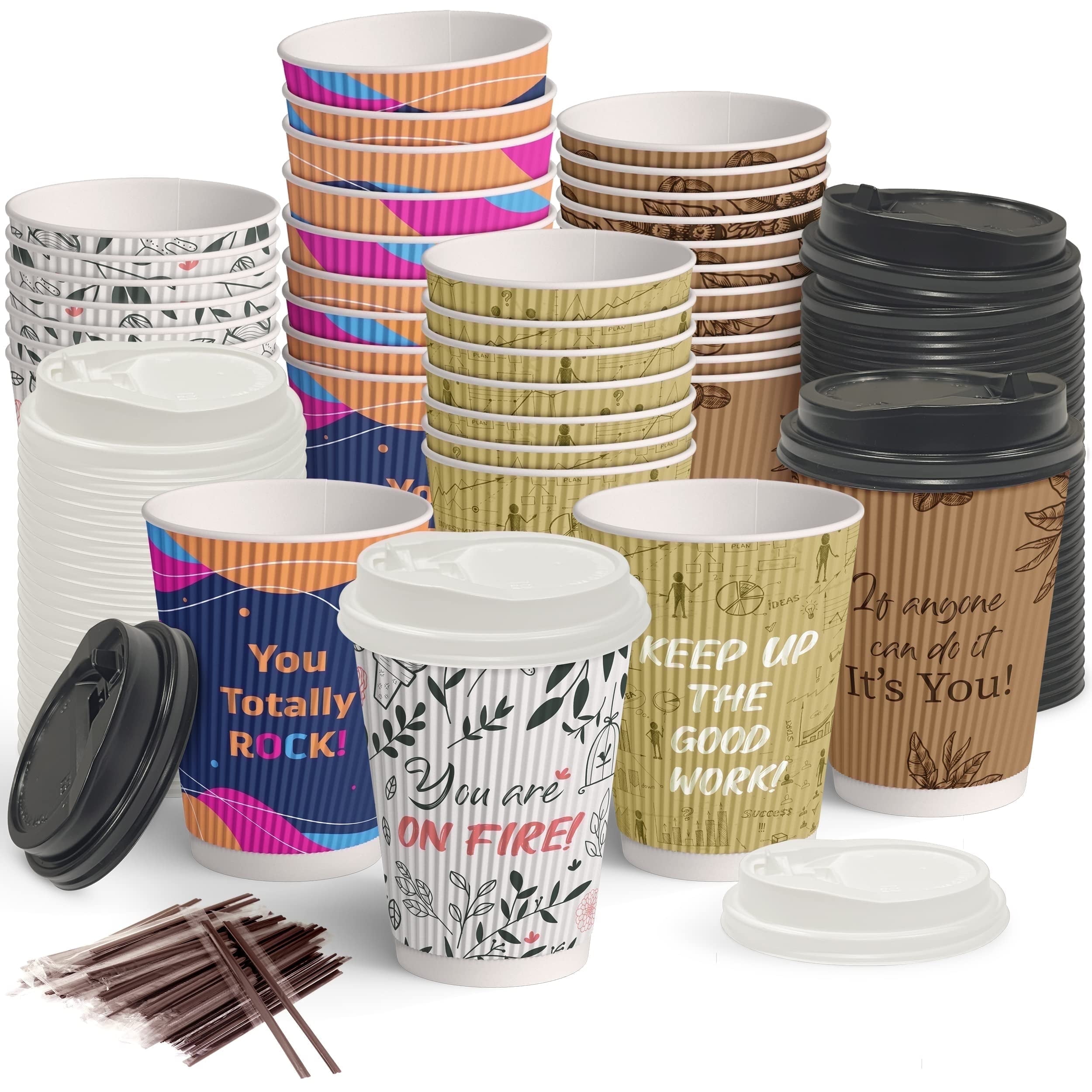Dessie® 100 Disposable Coffee Cups with Lids, 12 Oz Paper Cups for Hot ...