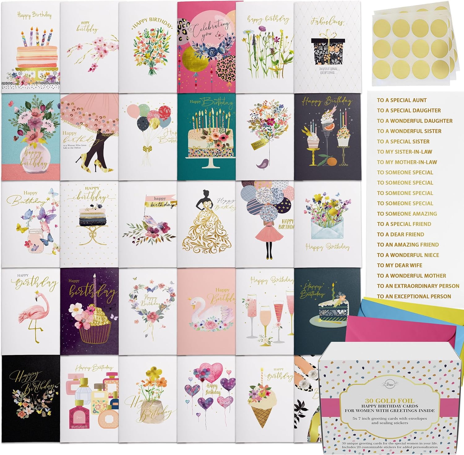 Dessie 30 Unique Gold Foil Birthday Cards for Women with Envelopes ...