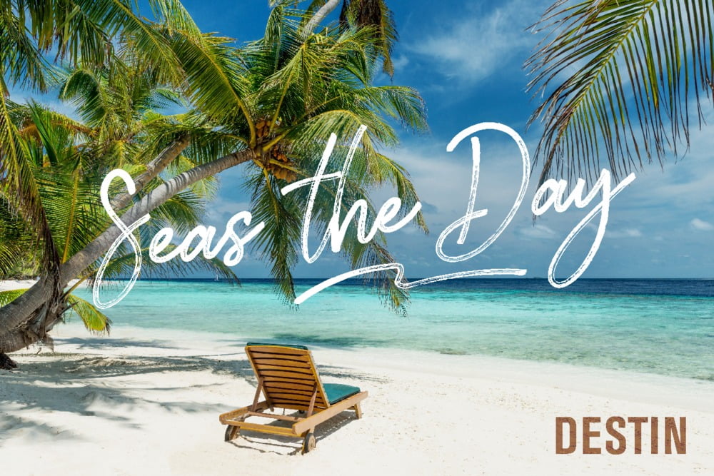 Destin, Florida, Seas the Day, Beach Lounger and Palms (12x18 Wall Art ...