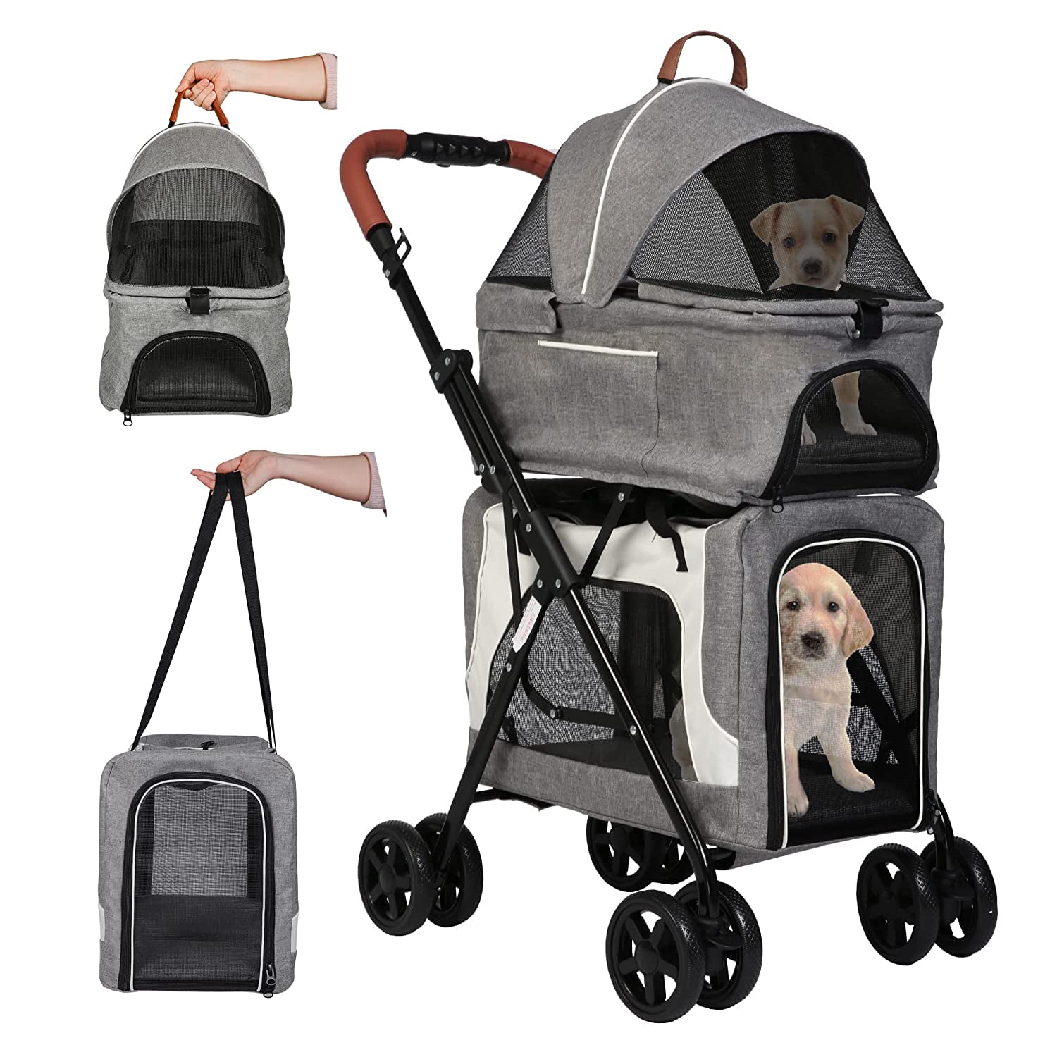 Detachable Double Dog Stroller for 2 Dogs/Cats, 3 in 1 Pet Stroller ...