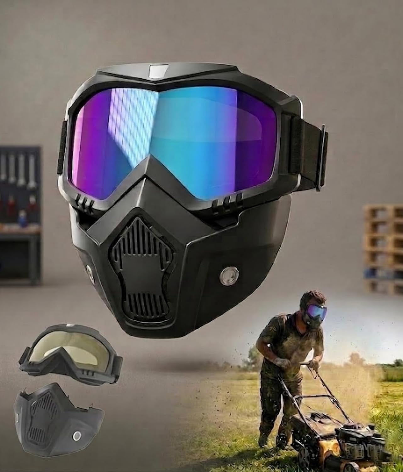Detachable Full Face Goggle Mask, New Grass Cutting Mask, Anti-Dust Fog ...