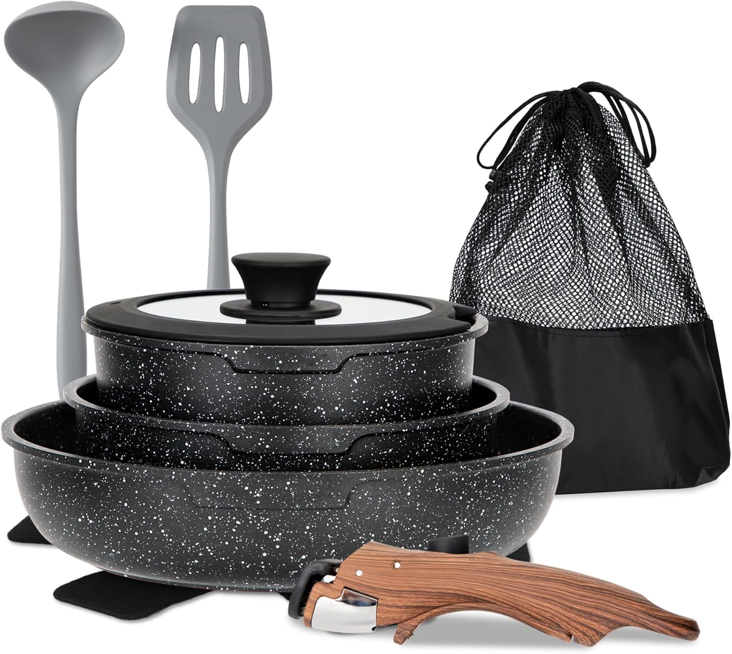 Detachable Handle Pots and Pans Set, 10 Piece Nonstick Black Granite ...