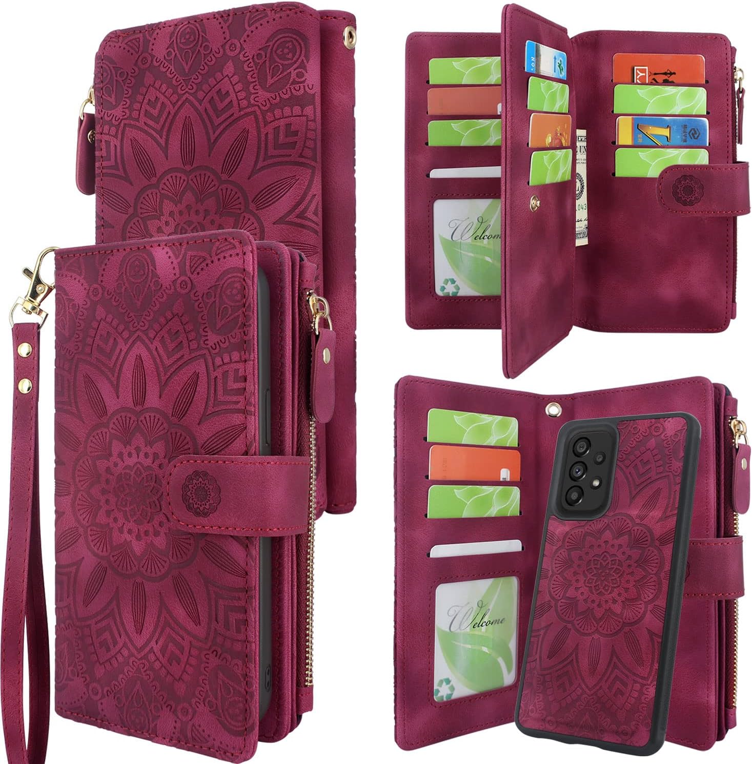 Detachable Magnetic Zipper Wallet Leather Case with Cash Coin Pocket 12 ...