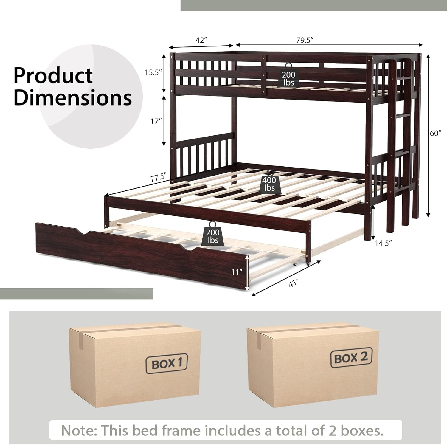 Detachable Solid Wood Bunk Bed with Pull-Out Trundle, Twin Over Full ...