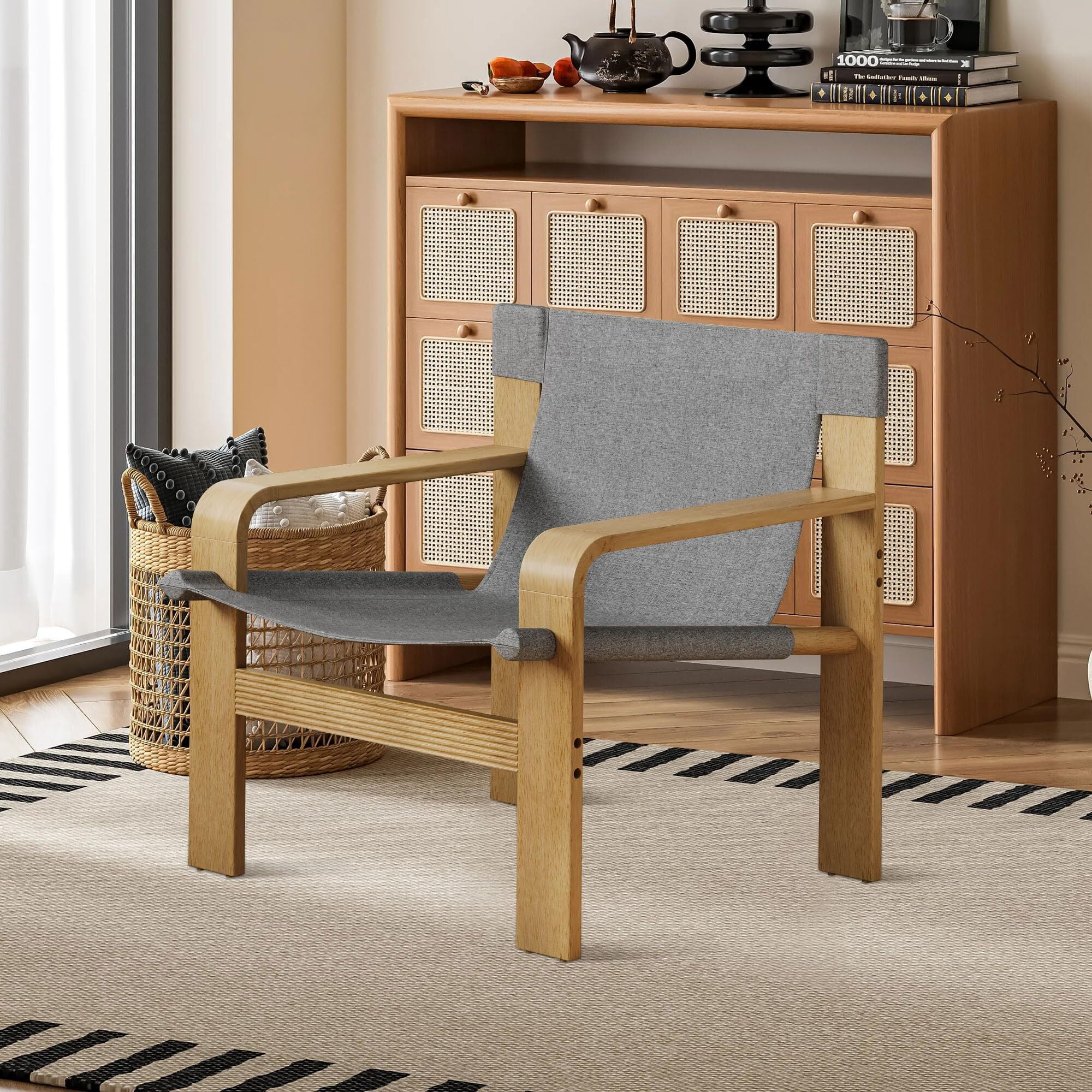 CASEMIOL Linen Fabric Accent Chair for Living Room, Oak Lounge Chair ...