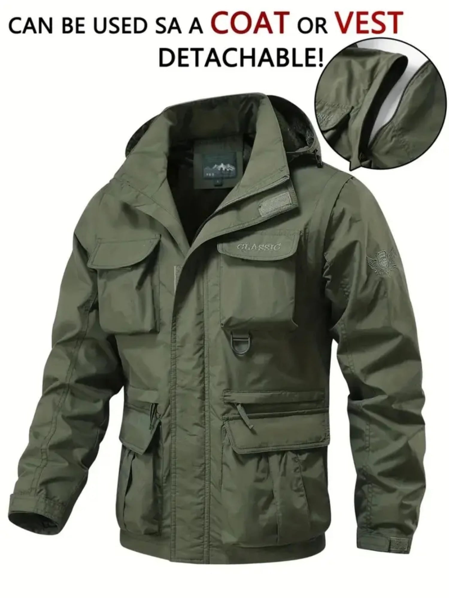 Detachable Windbreaker Hooded Jacket, Men's Casual Waterproof Multi ...
