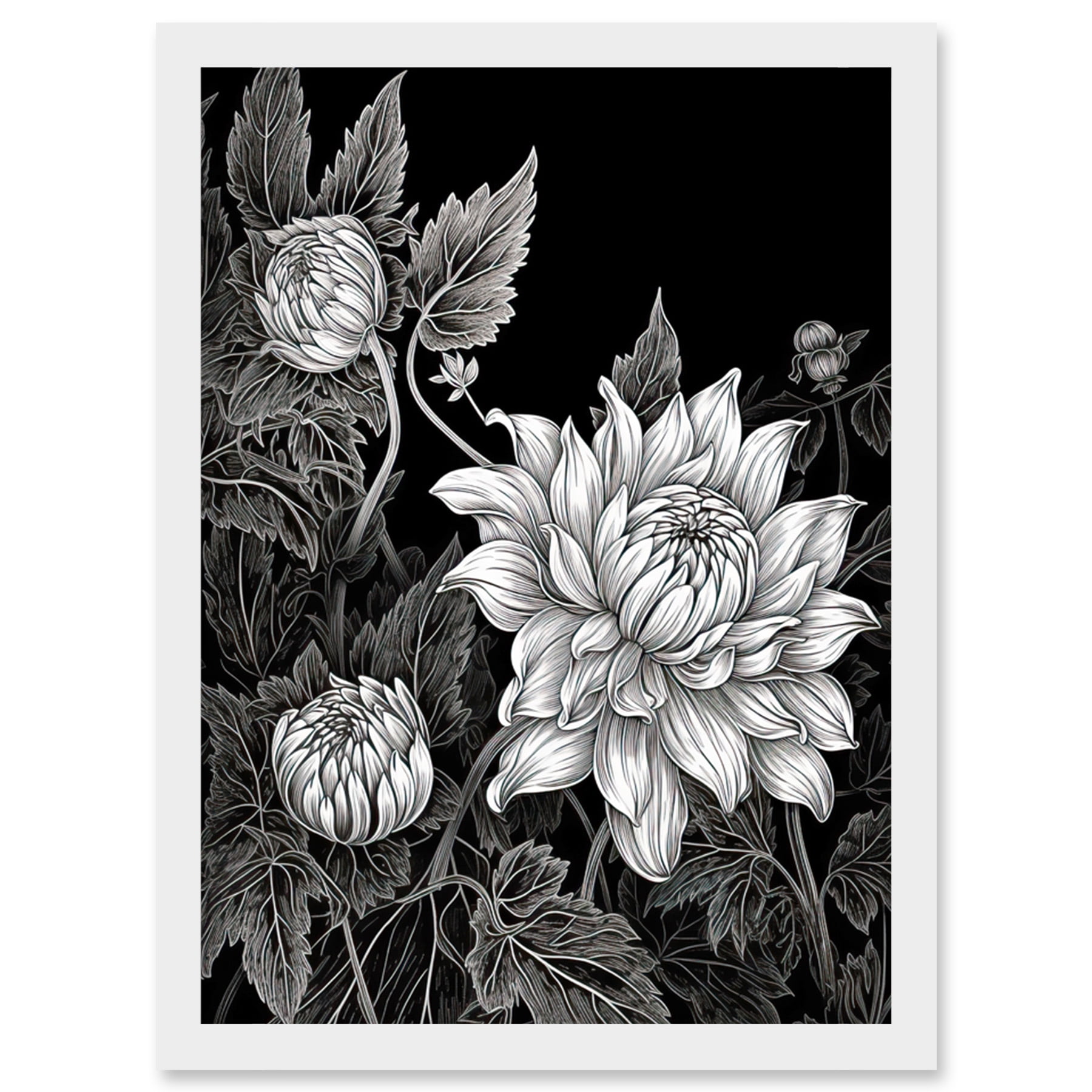 Detailed Black and White Dahlia Flower Blooms Artwork Framed Wall Art ...