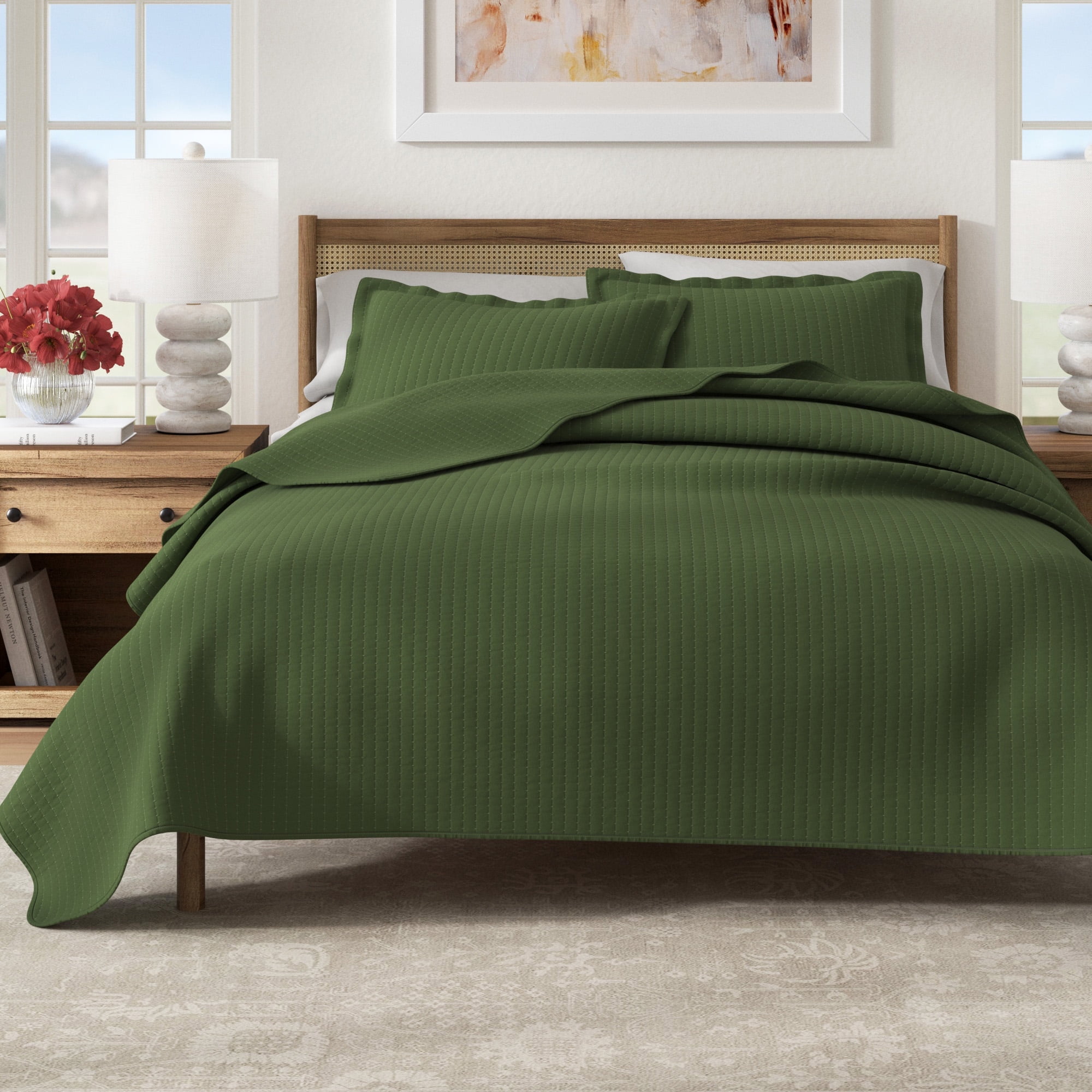 Detailed Channel Stitch Microfiber All-Season Quilt Set With Shams ...