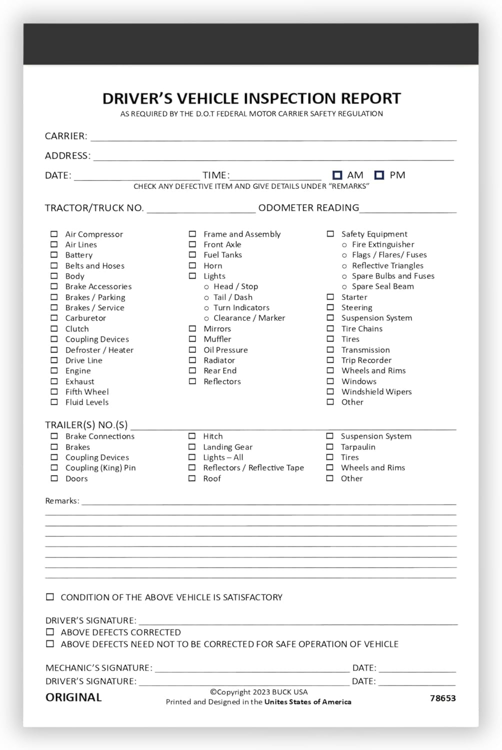 Detailed Driver Vehicle Inspection Report Book - 2-Ply Carbonless, 5.5 ...