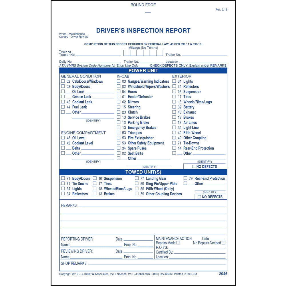 Detailed Driver's Vehicle Inspection Report 10-pk. - Book Format, 2-Ply ...