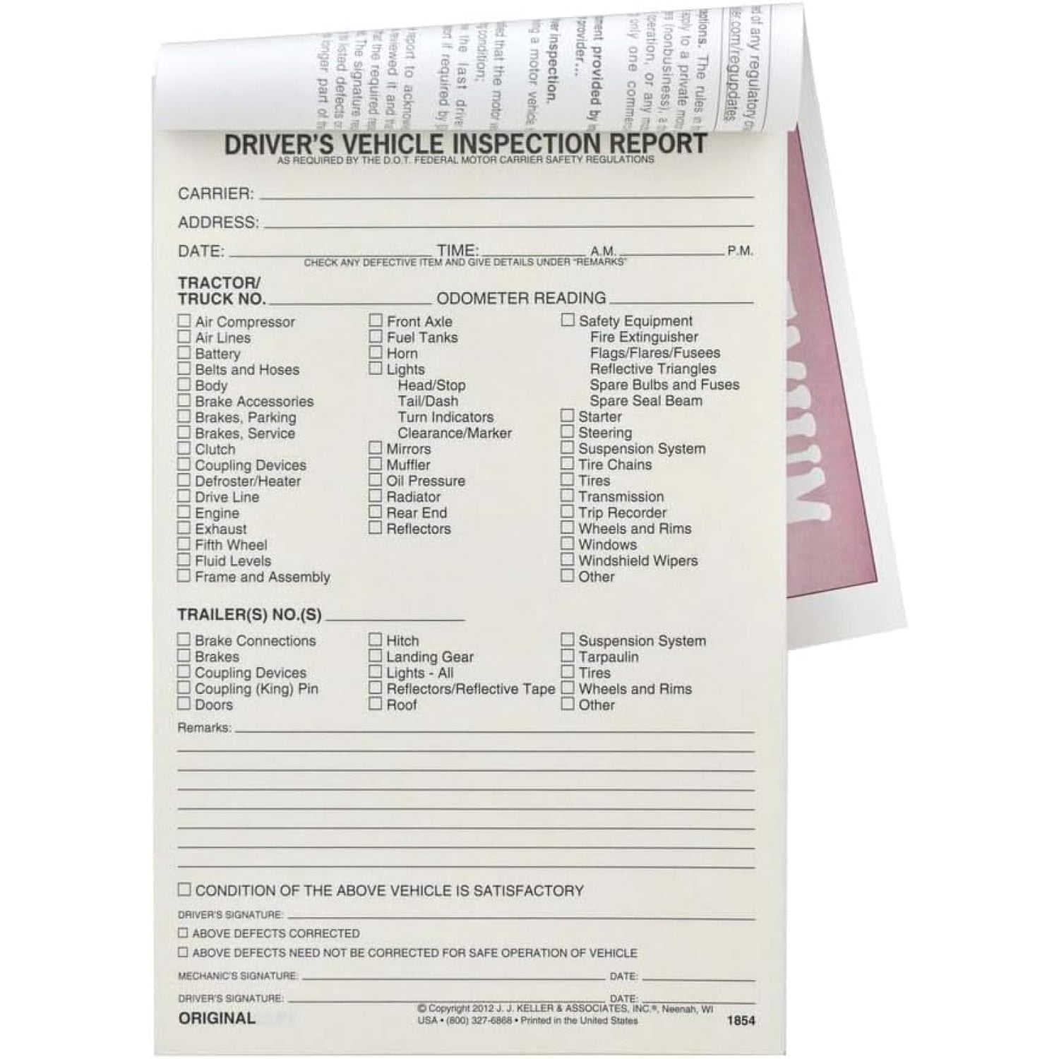 Detailed Driver's Vehicle Inspection Report 5-pk. - Book Format, 2-Ply ...