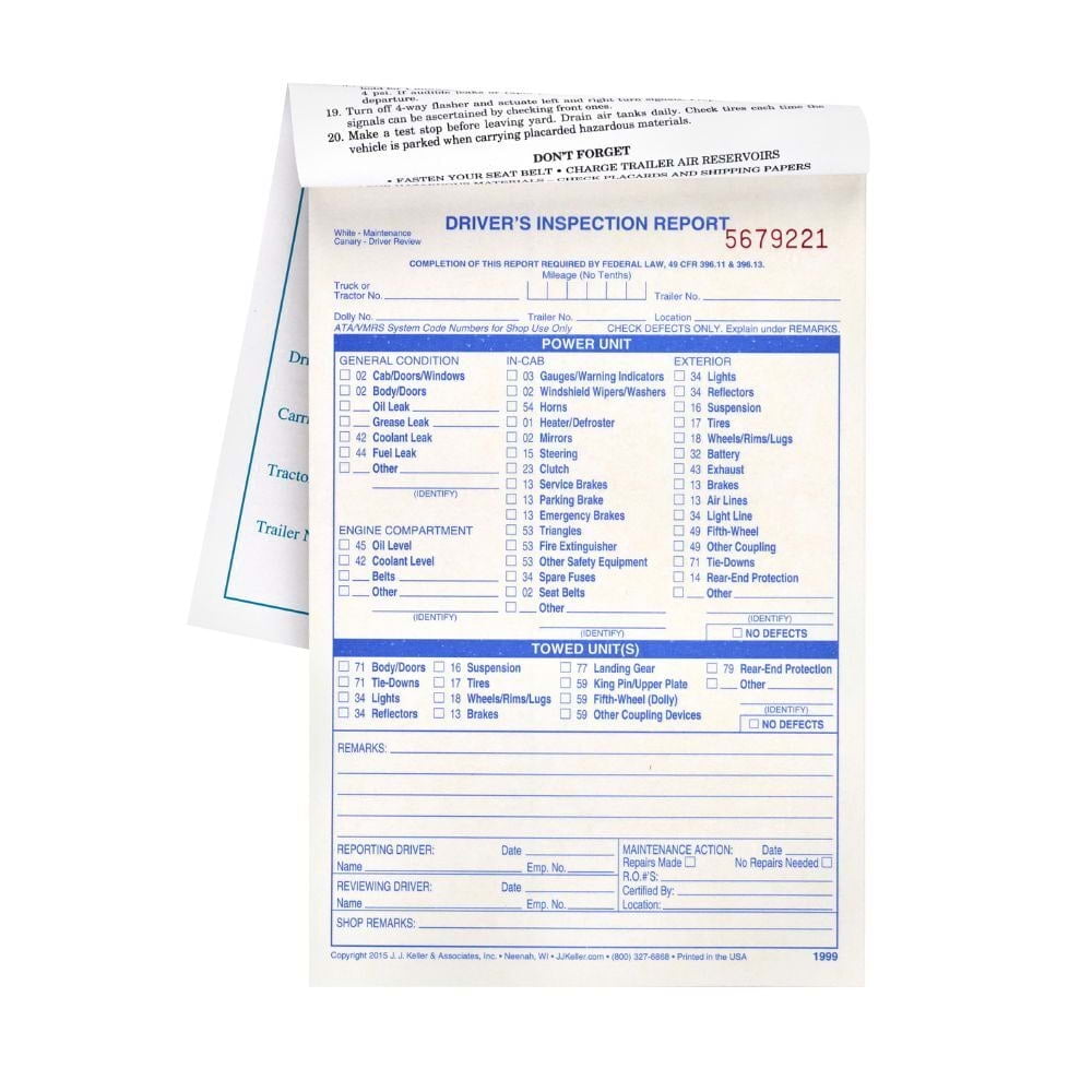 Detailed Driver's Vehicle Inspection Report 5-pk. - Book Format, 3-Ply ...