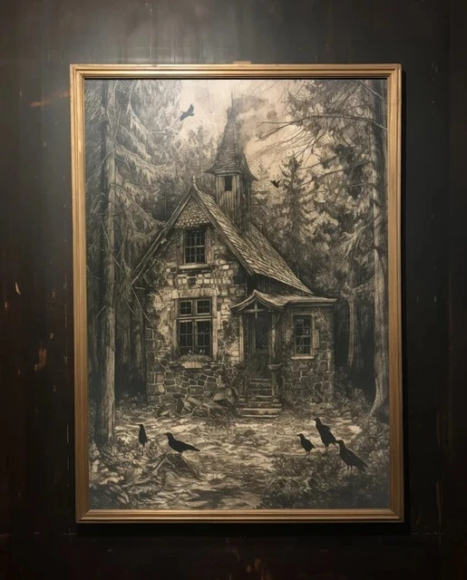 Detailed Etching Style Forest Cabin Drawing, Printable Wall Art NO ...