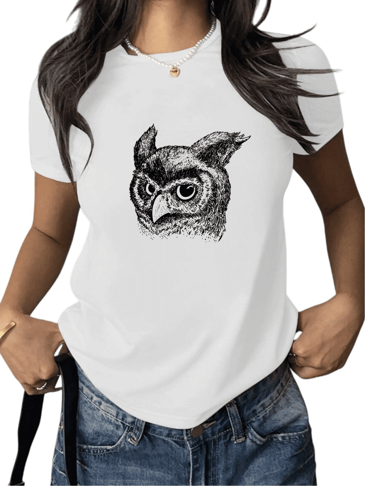 Detailed Owl Pointillism Portrait White S-5XL Women's Cotton Print ...