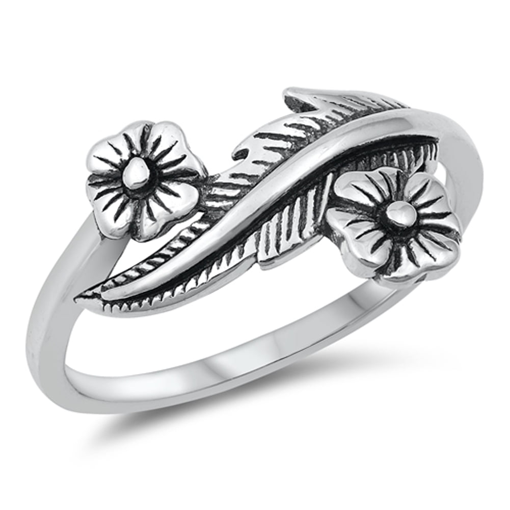 Detailed Plumeria Flower Leaf Ring .925 Sterling Silver Band Jewelry ...