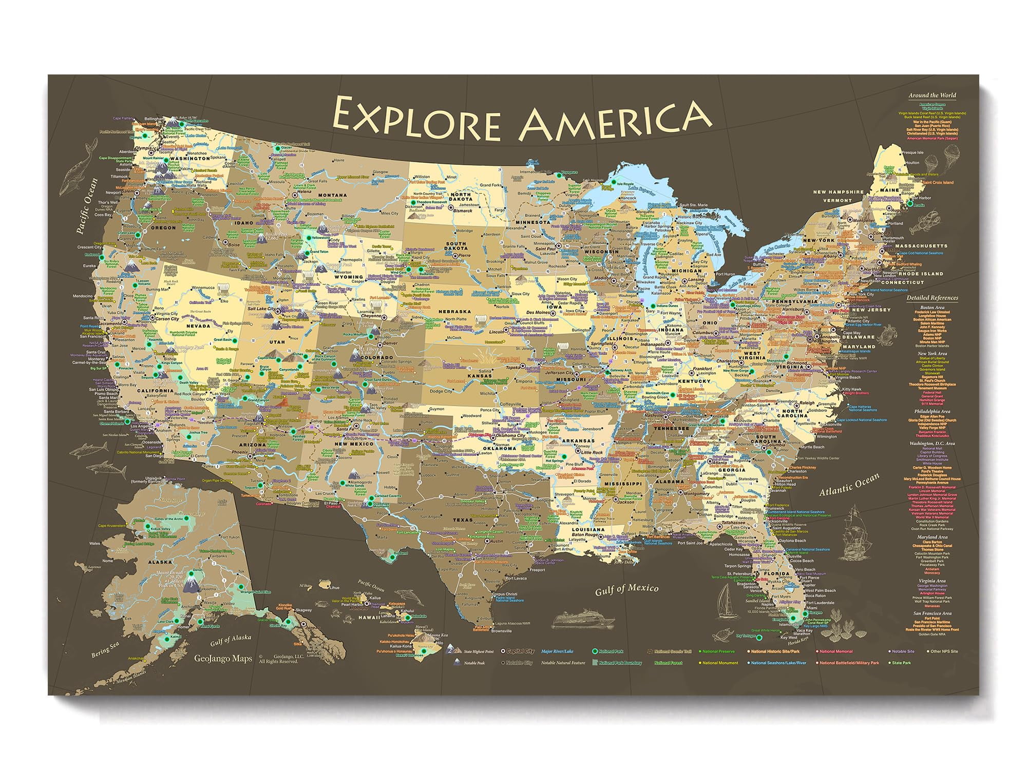 Detailed US National Parks Wall Poster 36x24 Inches, Travel Map with ...
