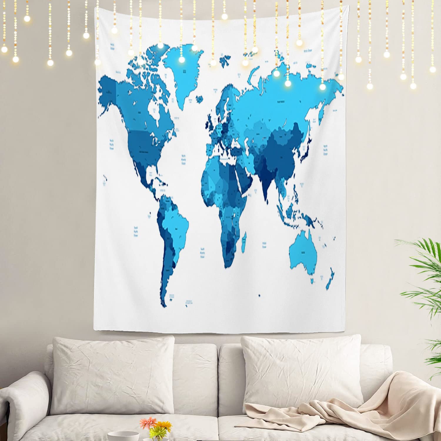 Detailed World Map Wall Tapestry, Blue Colors Town Marks National ...