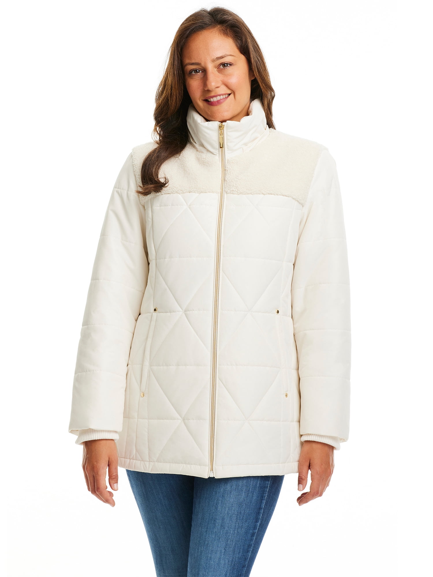 Details Women's Diamond Quilted Long Sleeve Puffer with Mixed Media ...