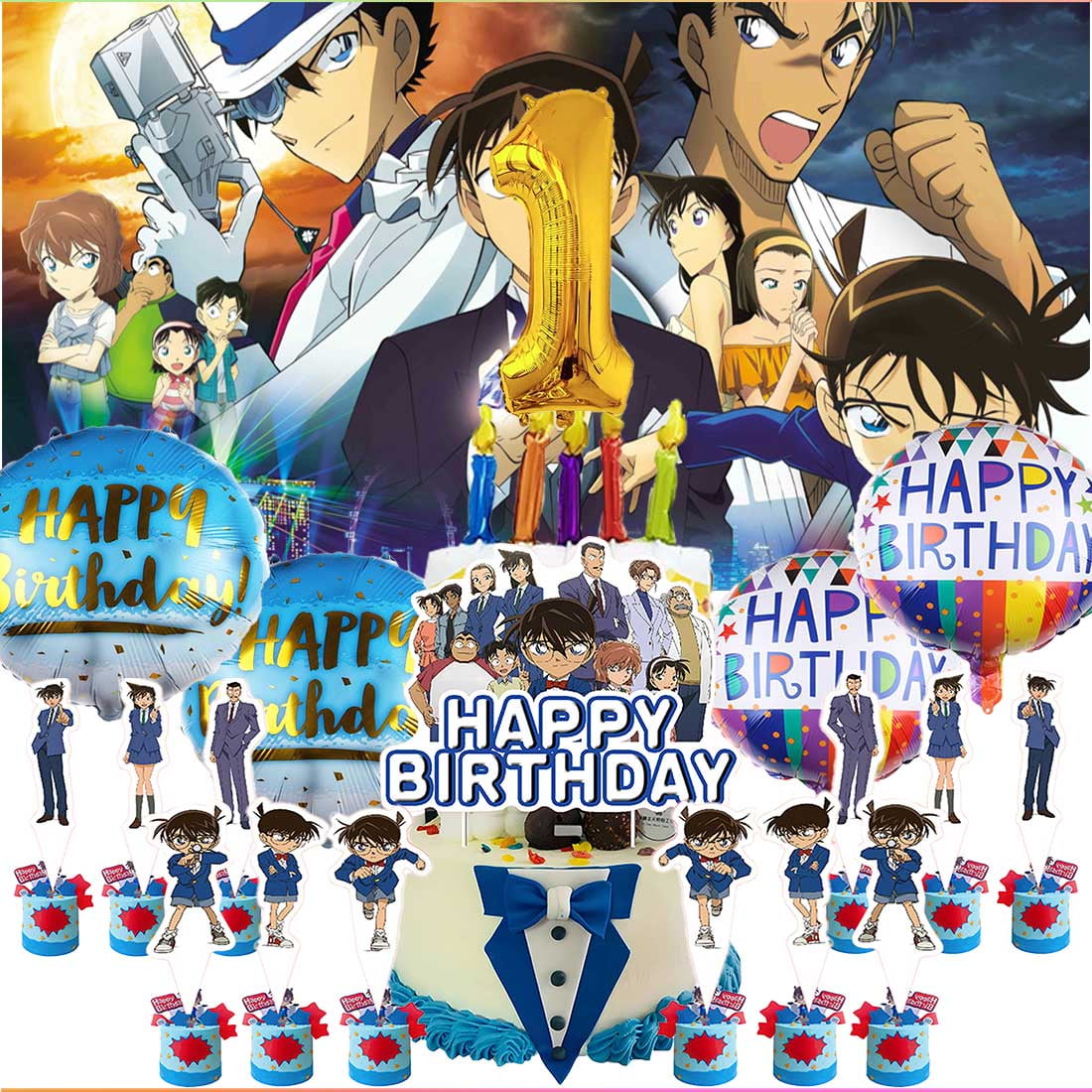 Detective Conan Case Closed Party Supplies Decor 1st Kit Balloons Birthday Cake Topper Banner ...