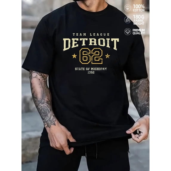 Detroit 62 Tee men's rugby black 180G 100% Cotton exercise sports ...