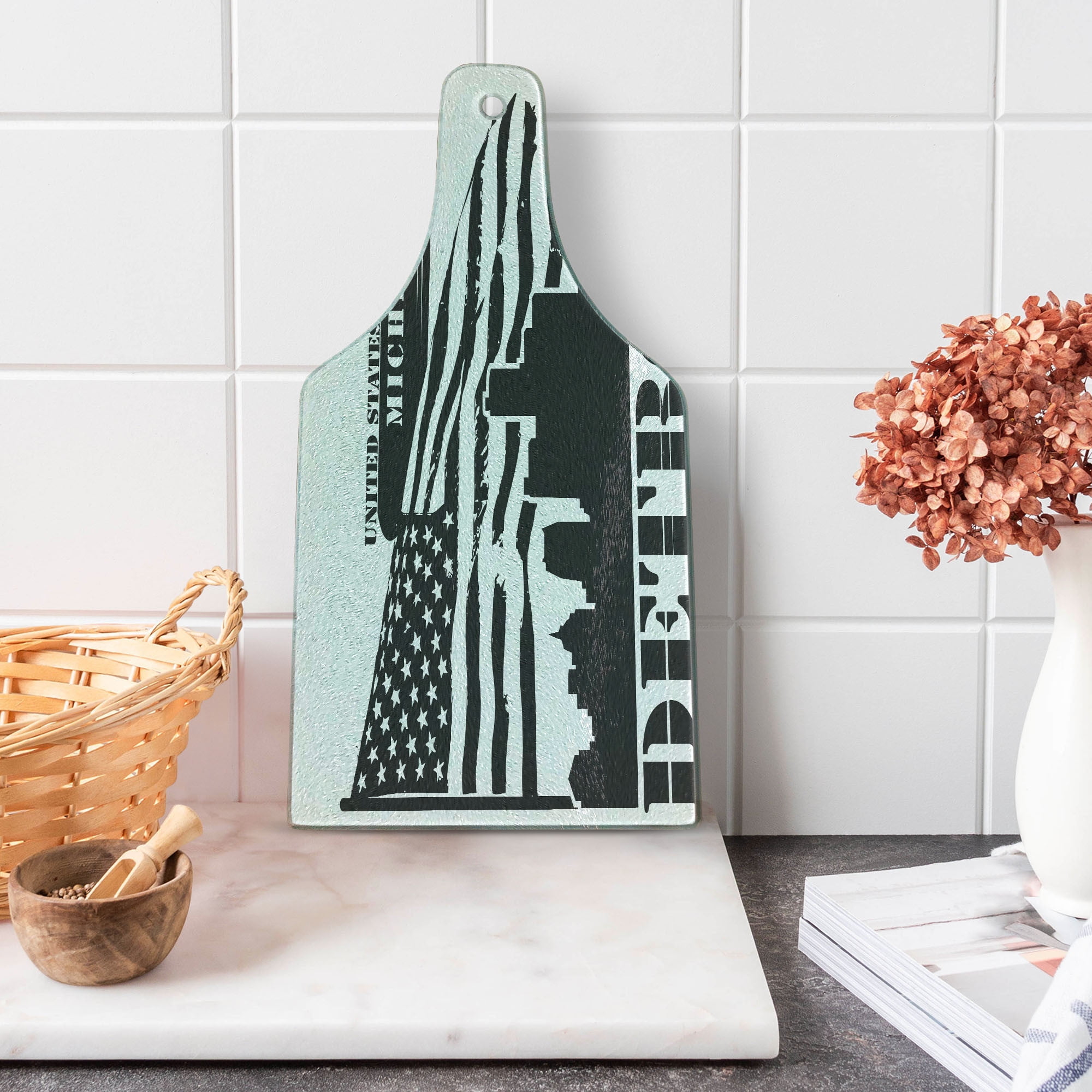 Detroit Cutting Board, Monochrome Grunge City Silhouette American Flag ...