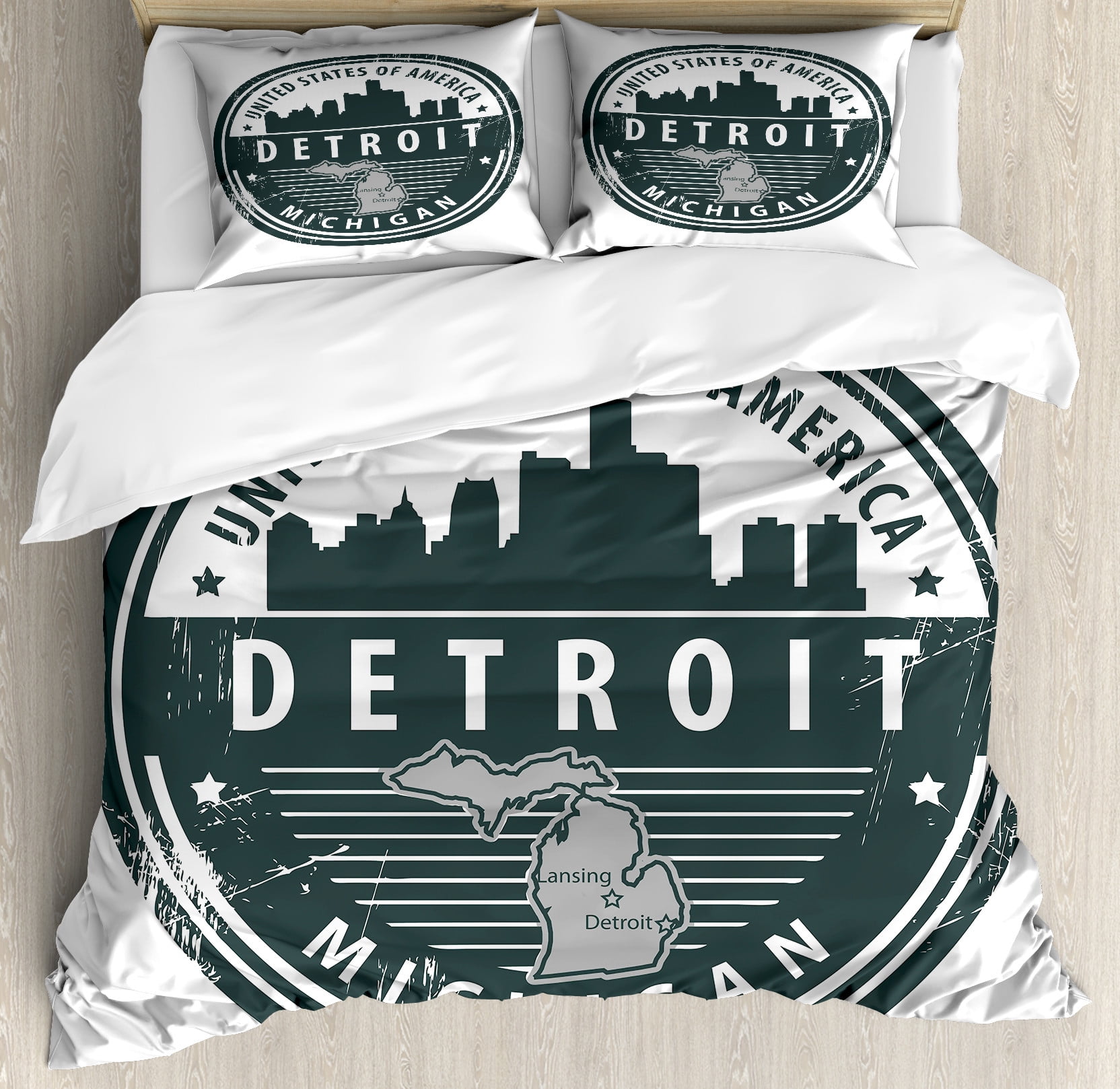 Detroit Duvet Cover Set, Damaged Old Stamp of Michigan USA with City ...