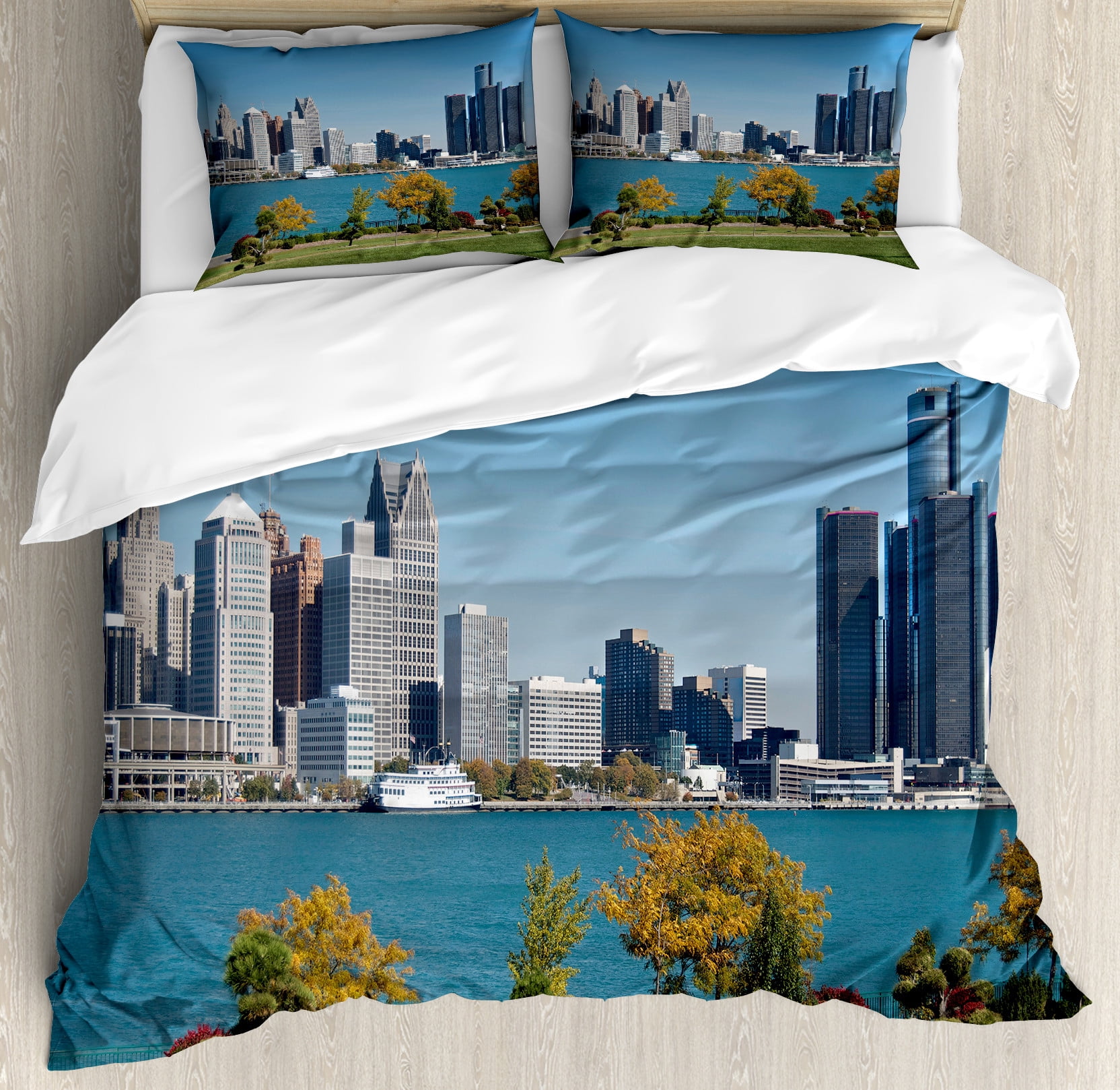 Detroit Duvet Cover Set, Industrial City Center Shoreline River Scenic ...