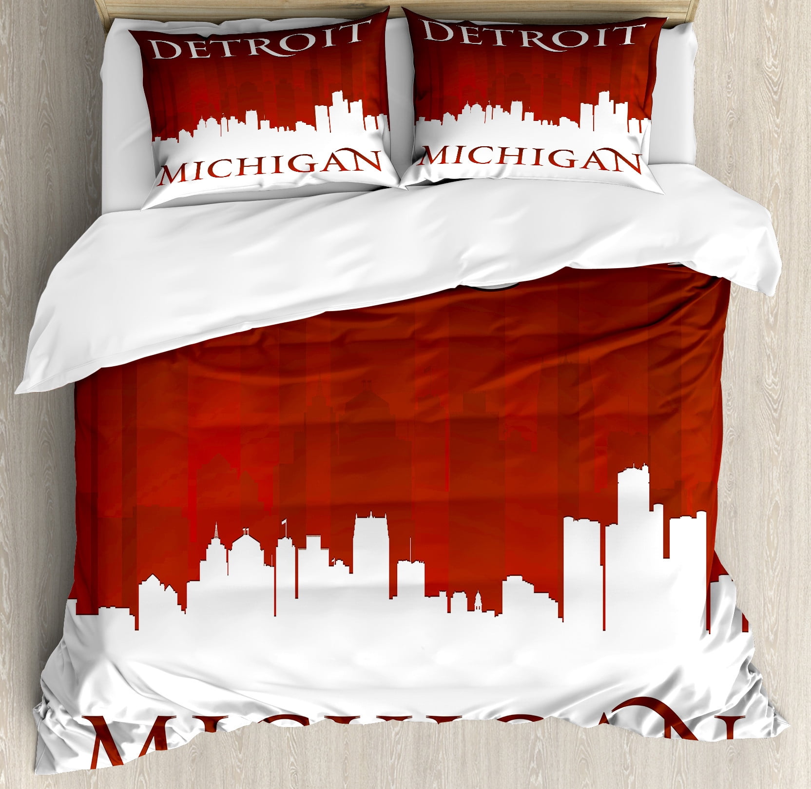Detroit Duvet Cover Set, Michigan City Silhouette Composition Classical ...