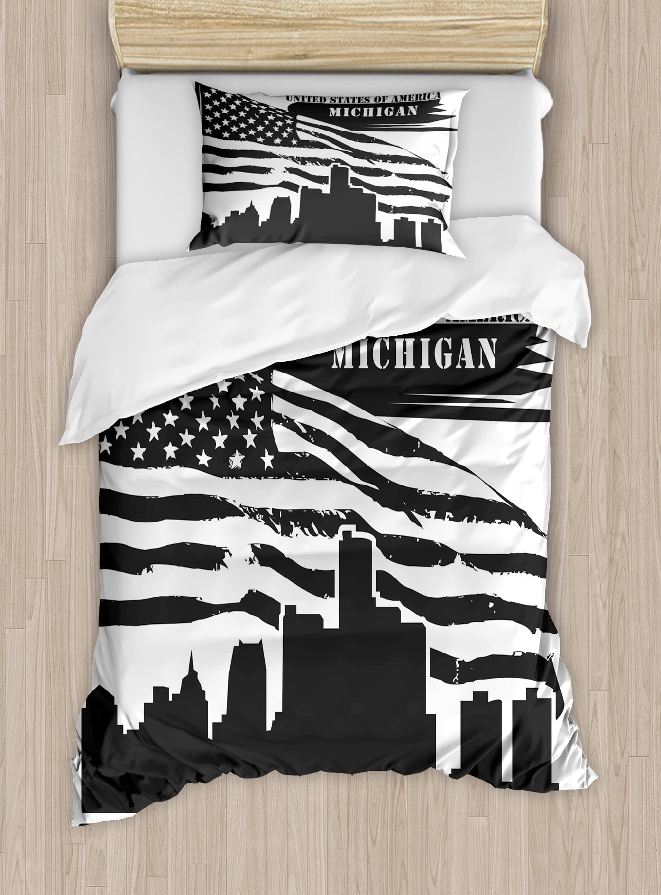 Detroit Duvet Cover Set, Monochrome Grunge City Silhouette American ...