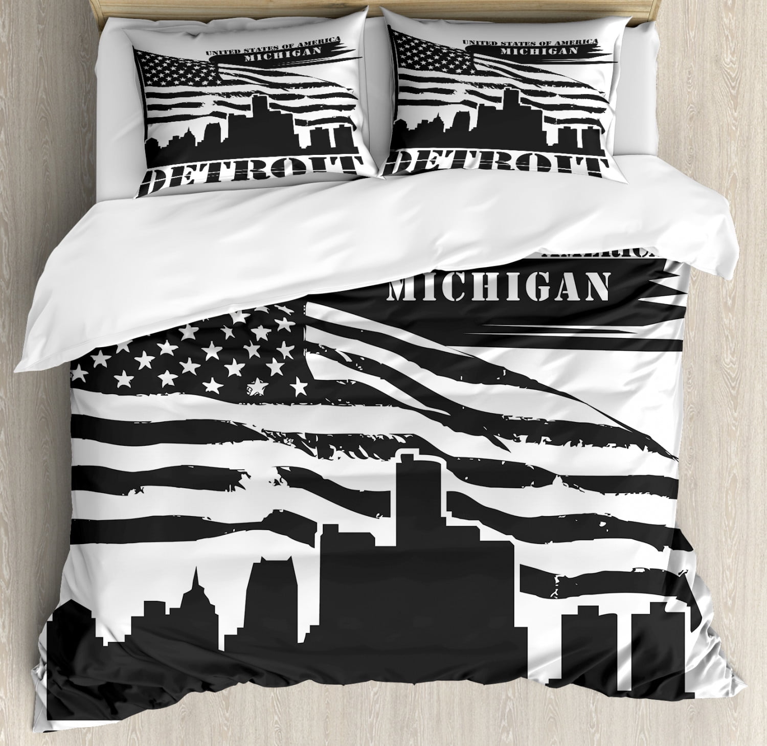 Detroit Duvet Cover Set, Monochrome Grunge City Silhouette American ...