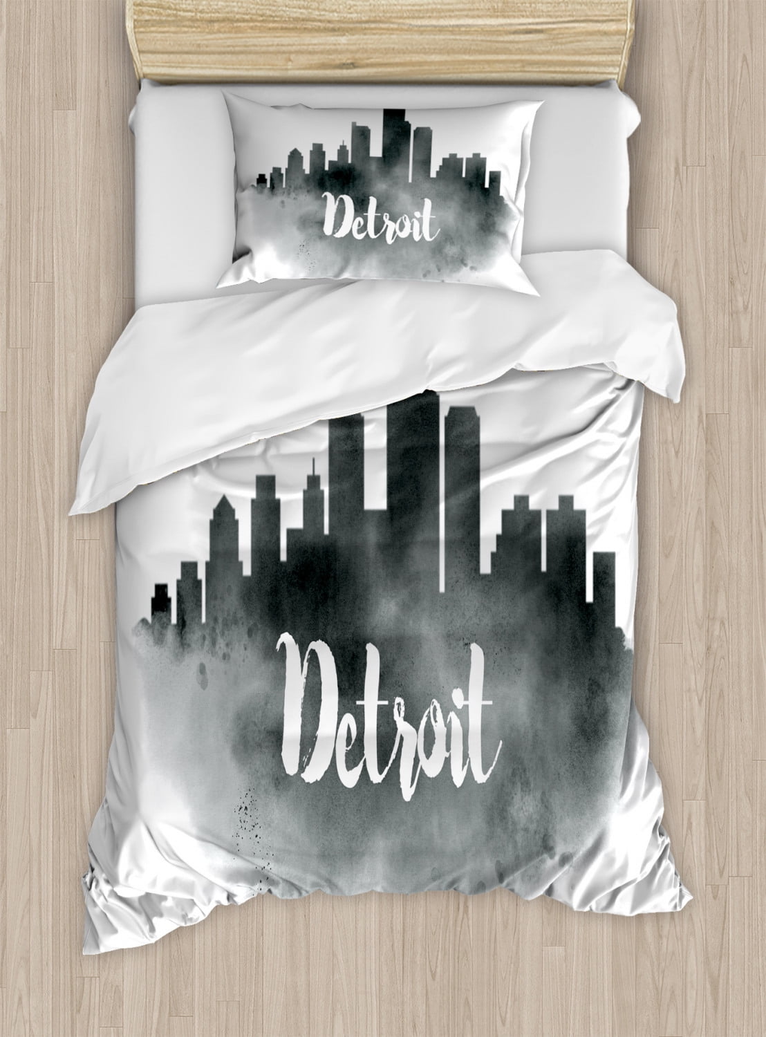 Detroit Duvet Cover Set, Smoky City Skyline with Brushstrokes Hand ...