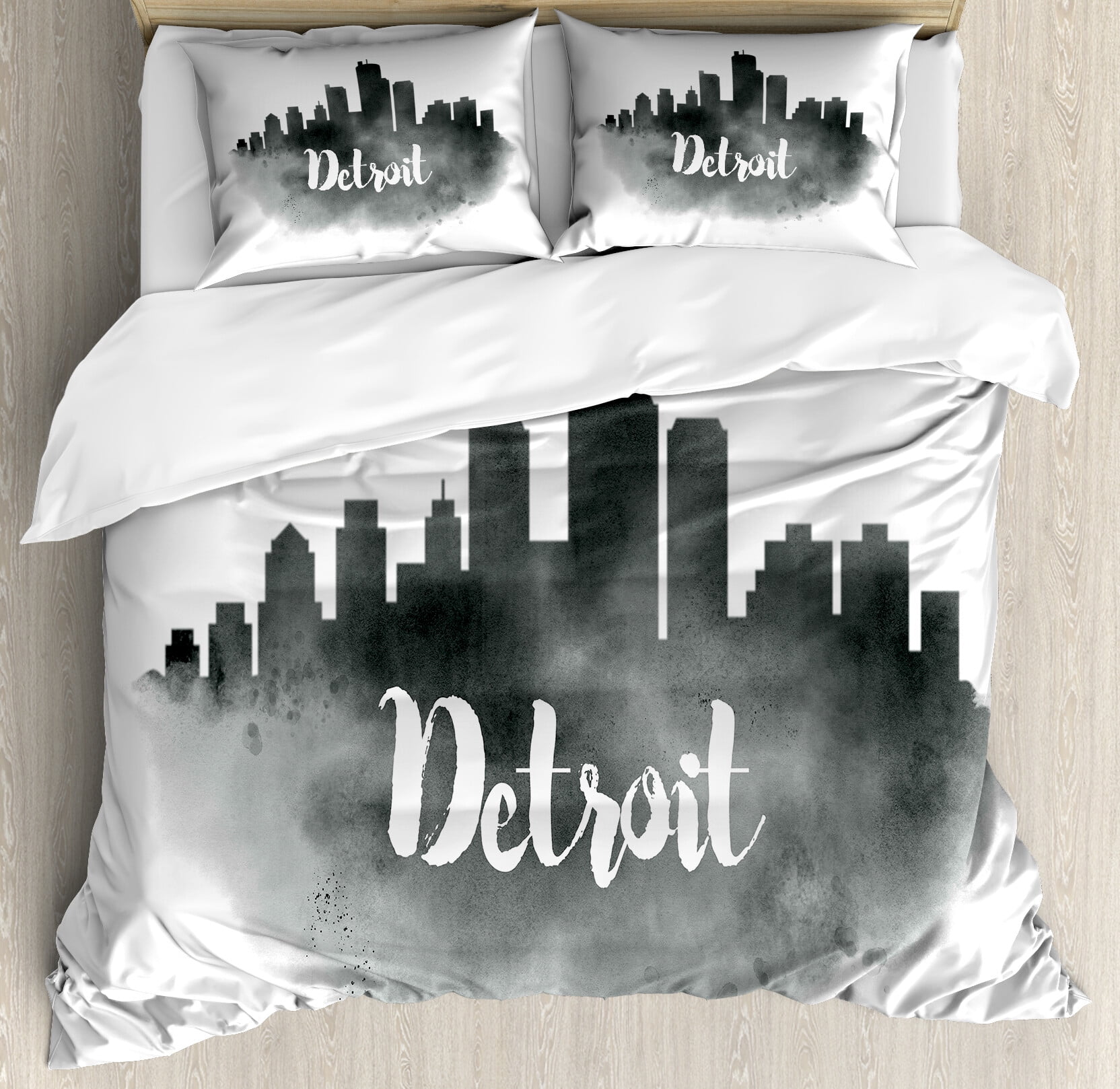 Detroit Duvet Cover Set, Smoky City Skyline with Brushstrokes Hand ...