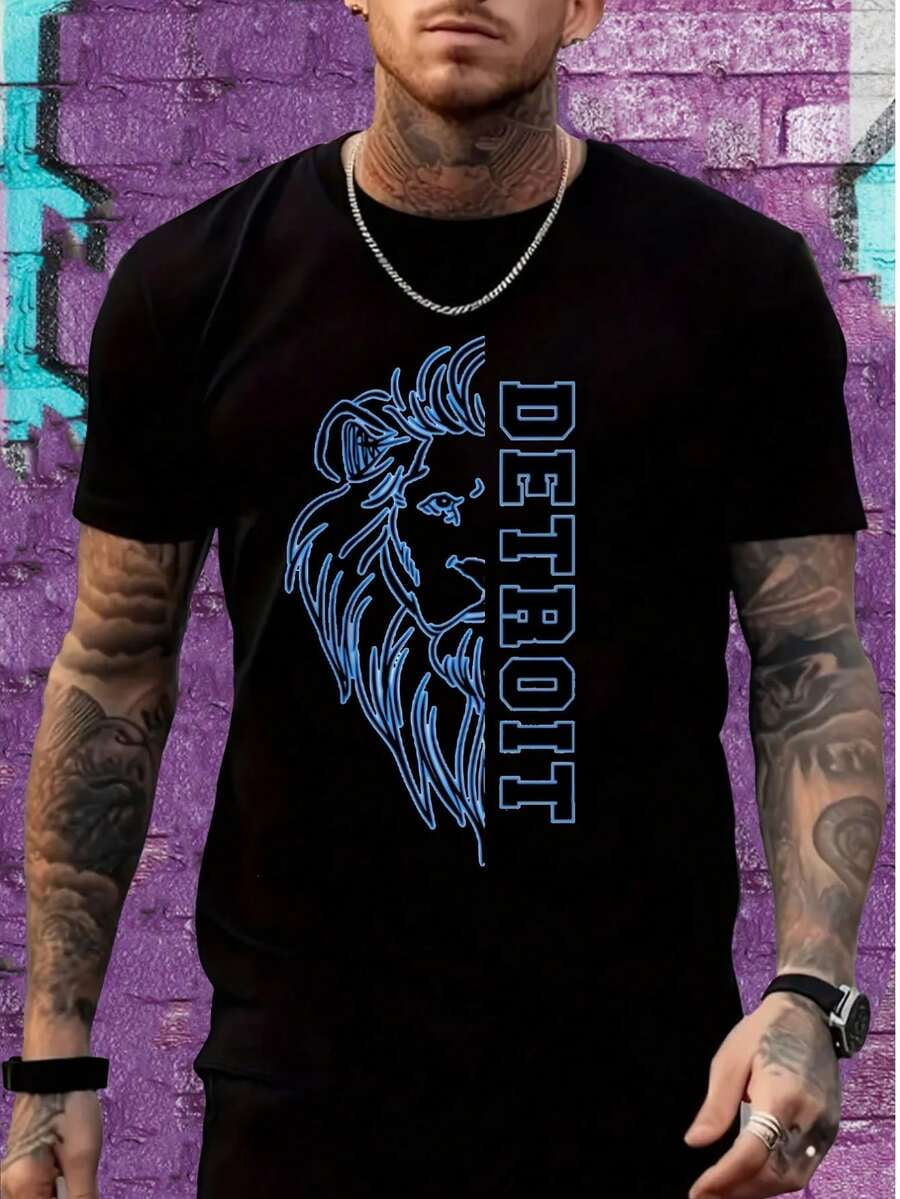 Detroit Lion Print Men's 220g Cotton T-Shirt, Round Neck Short Sleeve ...