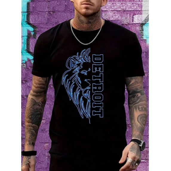 Detroit Lion Print Men's 220g Cotton T-Shirt, Round Neck Short Sleeve ...