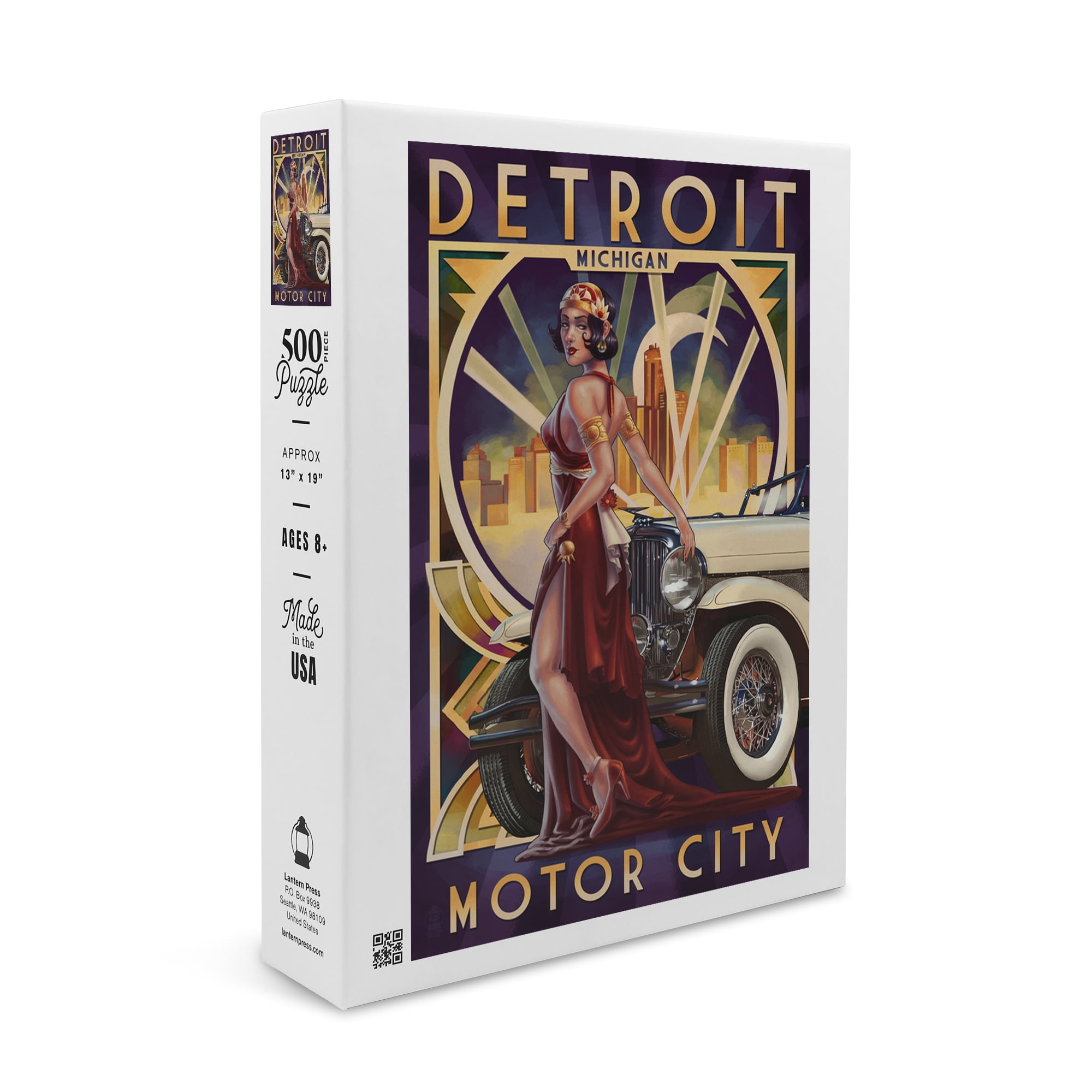 Detroit, Michigan, Deco Woman and Car (19x27 inches, Premium 500 Piece ...