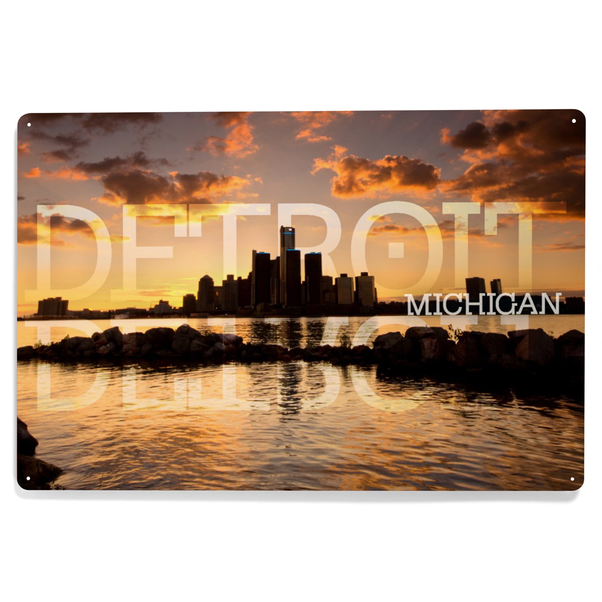 Detroit, Michigan, Orange Sky and Skyline (12x18 Aluminum Art, Indoor ...