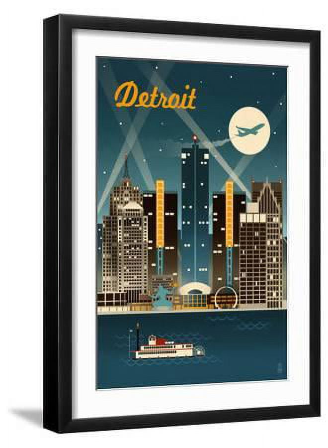 Detroit, Michigan Retro Skyline, Framed Art Print Wall Art by Lantern ...