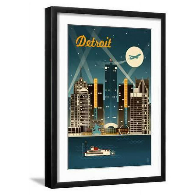 Detroit, Michigan Retro Skyline, Framed Art Print Wall Art by Lantern ...