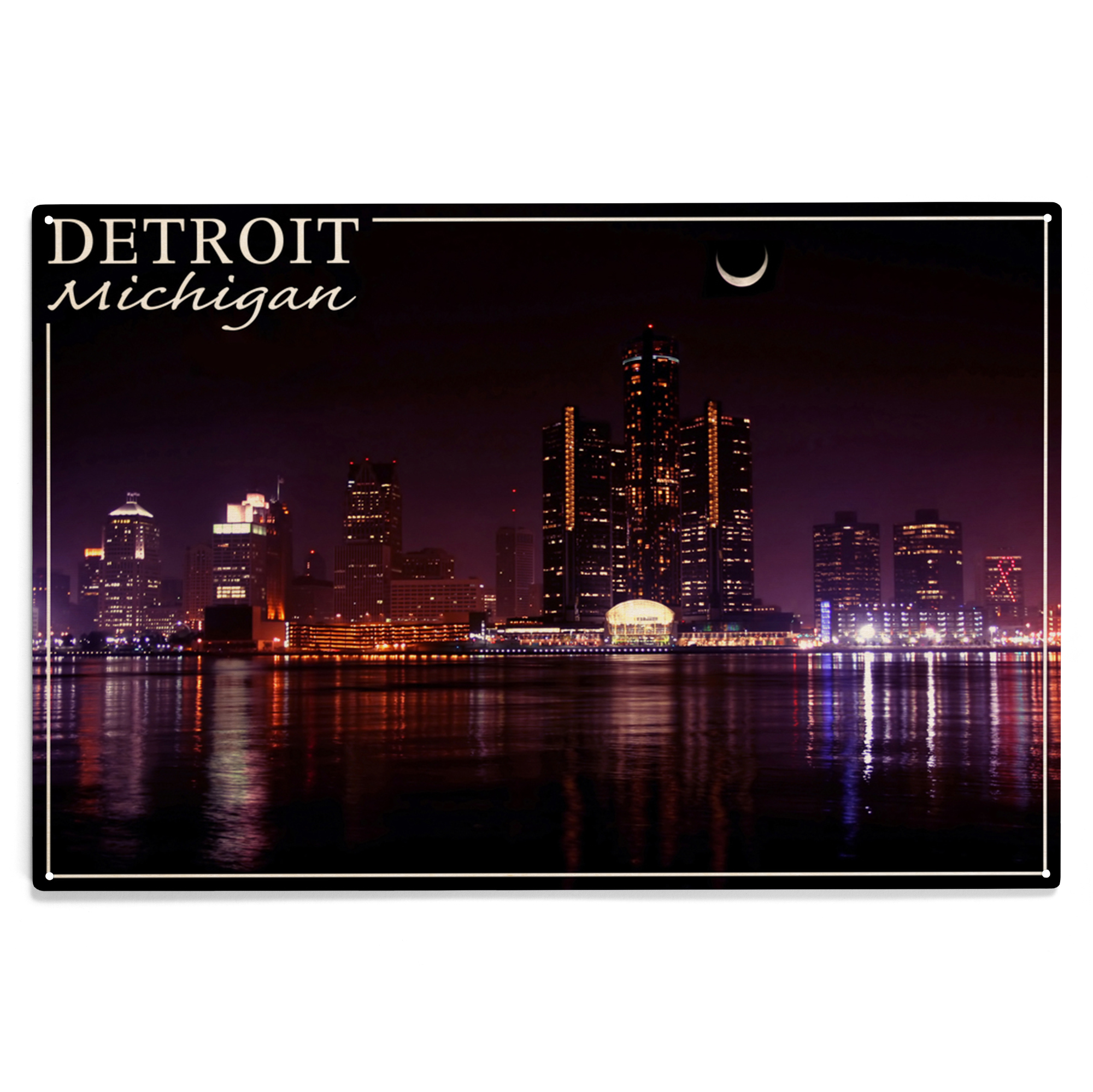 Detroit, Michigan, Skyline at Night Birch Wood Wall Sign (10x15 Rustic ...