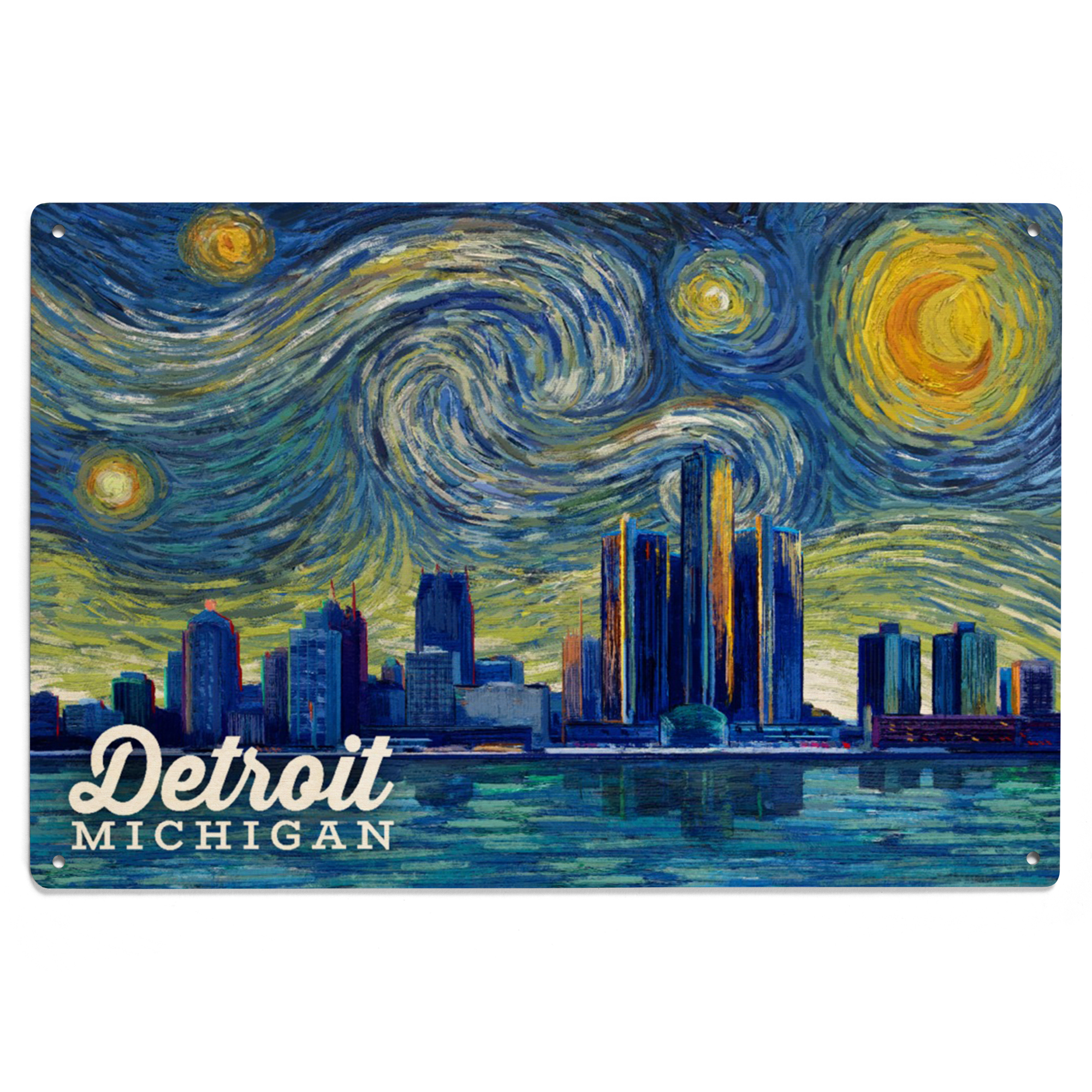 Detroit, Michigan, Starry Night Series Birch Wood Wall Sign (6x9 Rustic ...