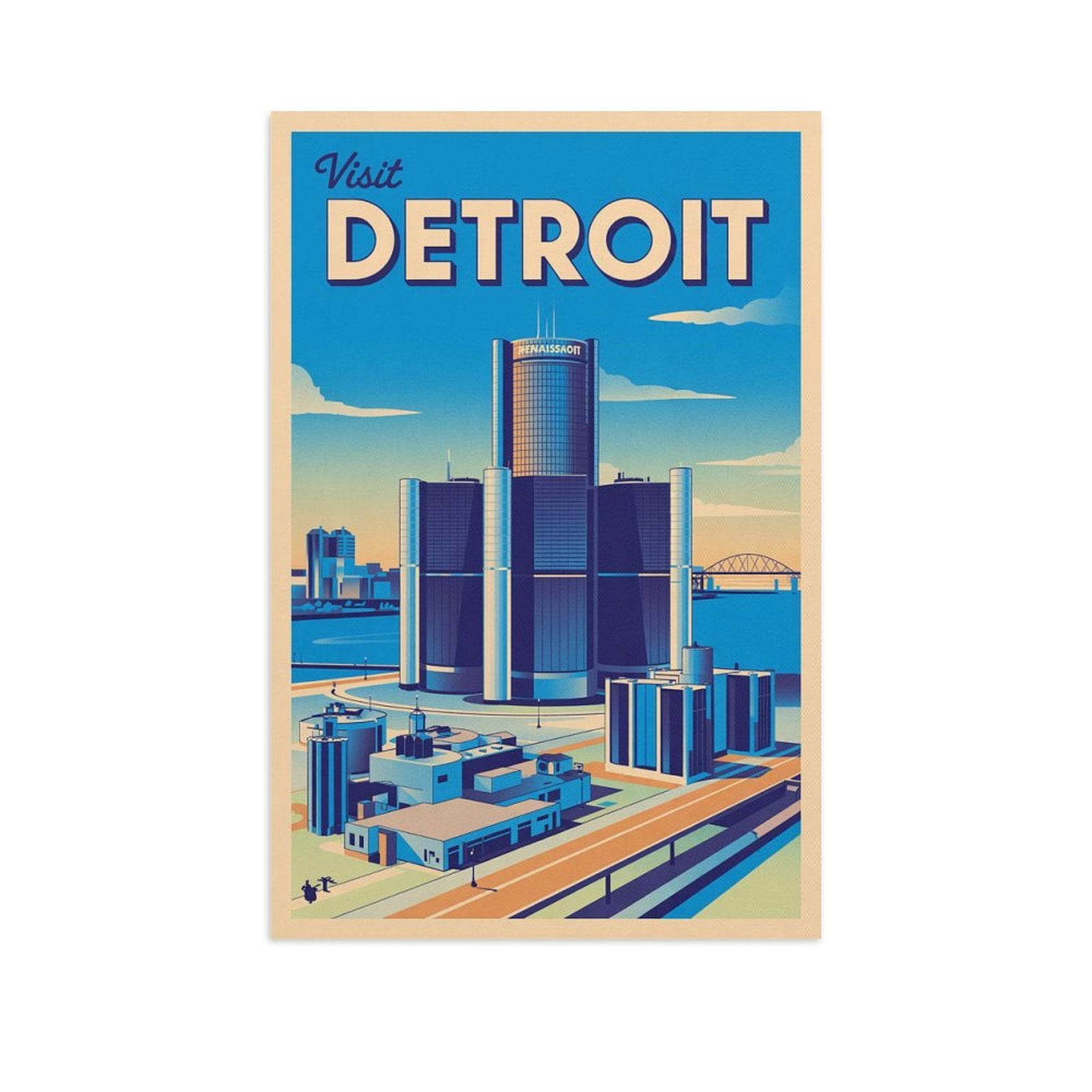 Detroit Retro Travel Poster Vintage U.S. City Tourism with Renaissance ...