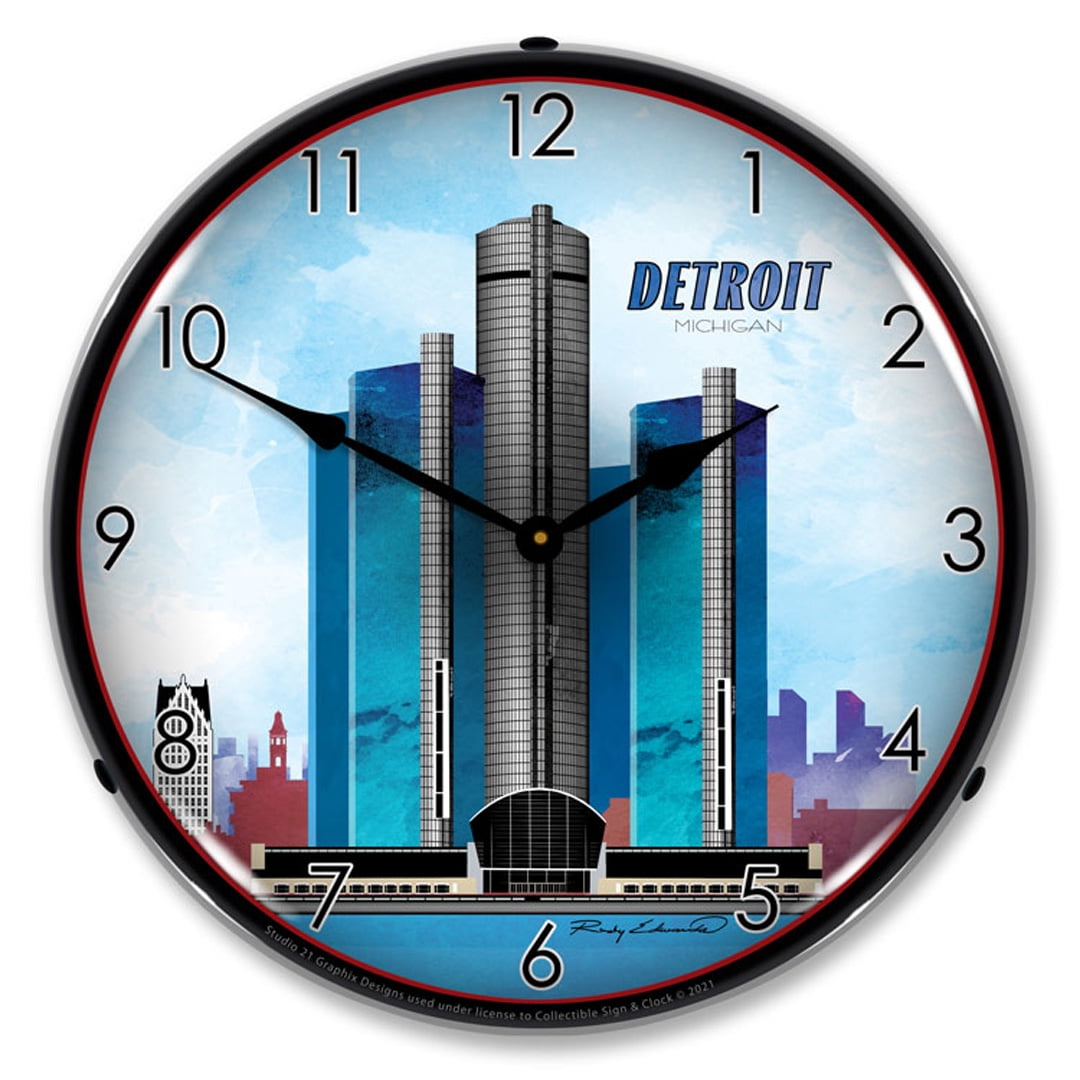 Collectable Sign and Clock Detroit Skyline LED Lighted Premium Wall ...
