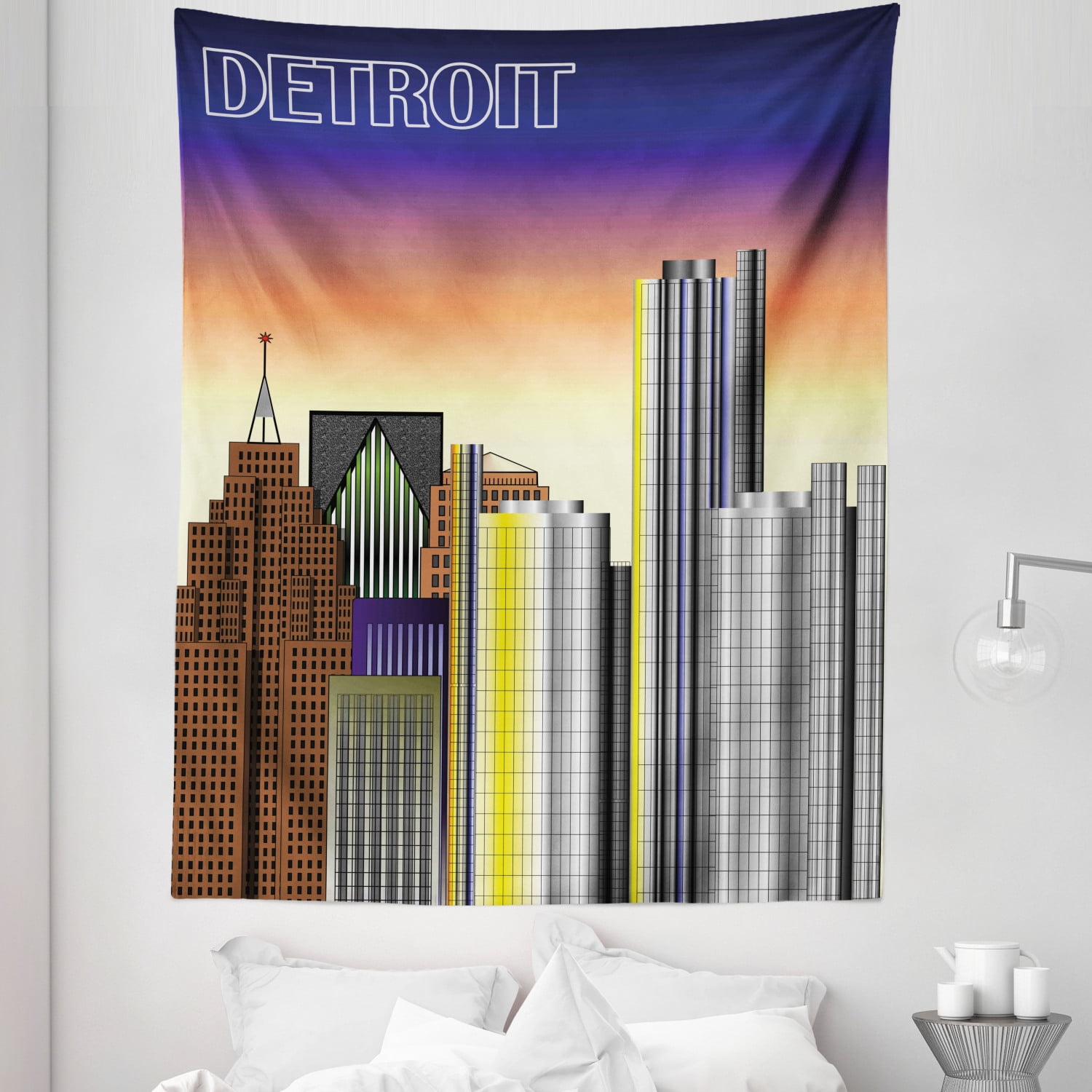 Detroit Tapestry, Retro Style Downtown Illustration Metropolis High ...