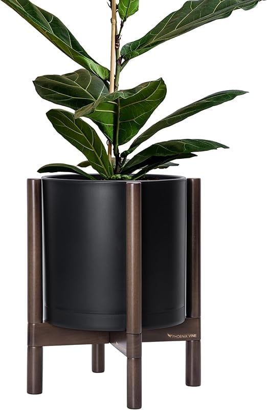 Dev Planter Pot with Stand - 16 Inch Plastic Cylinder Flower Pot with Wood Planter Holder for ...