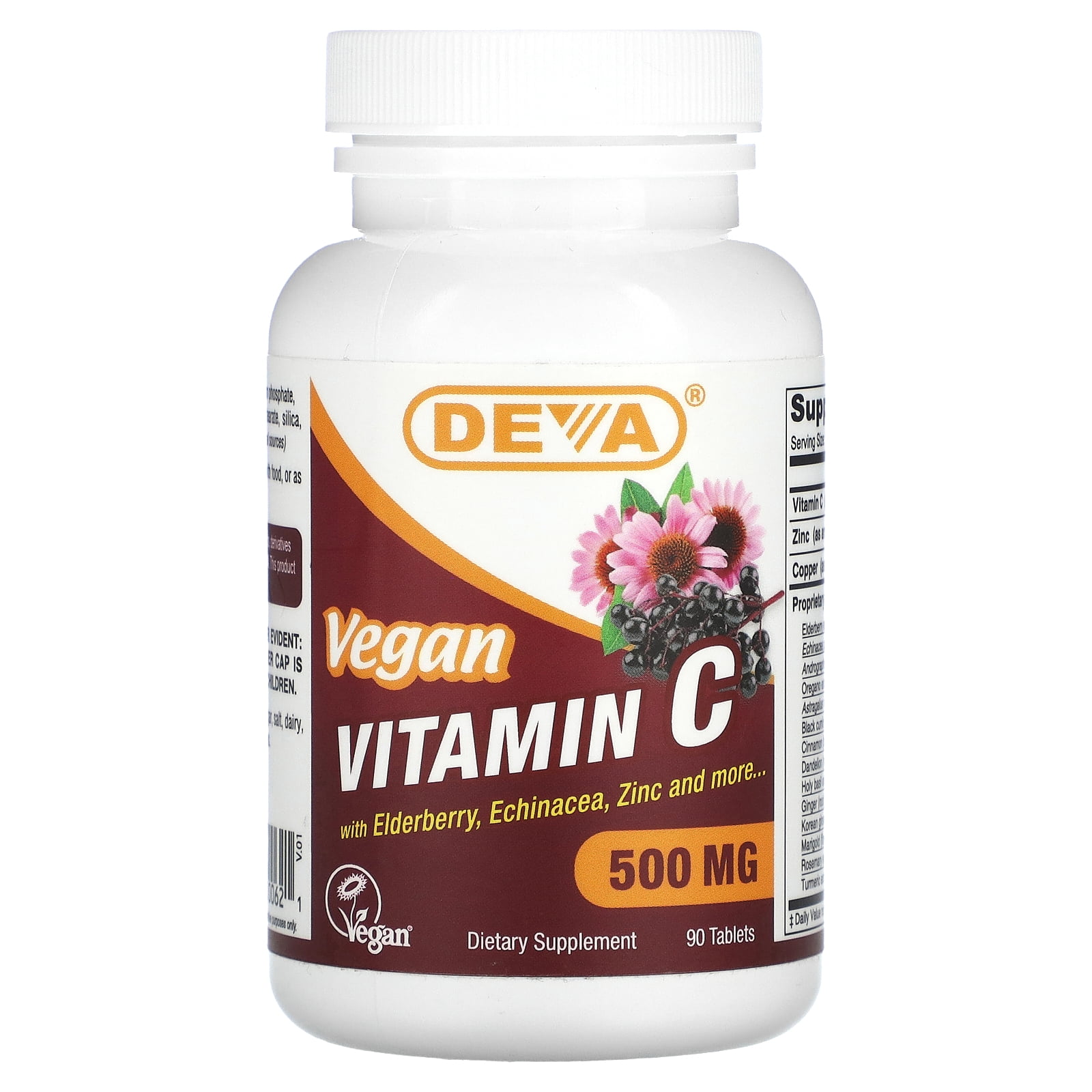 Deva Vegan Vitamin C with Elderberry, Echinacea, Zinc, 500 mg, 90 Tablets - Walmart.com