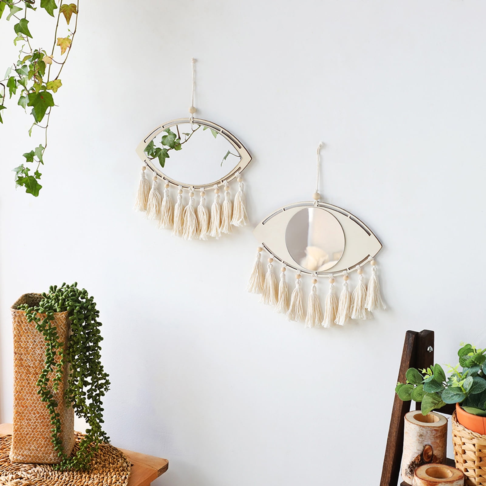 Devil Eye Shape Wall Mirror with Tassels Beads - Woven Cotton - Home ...